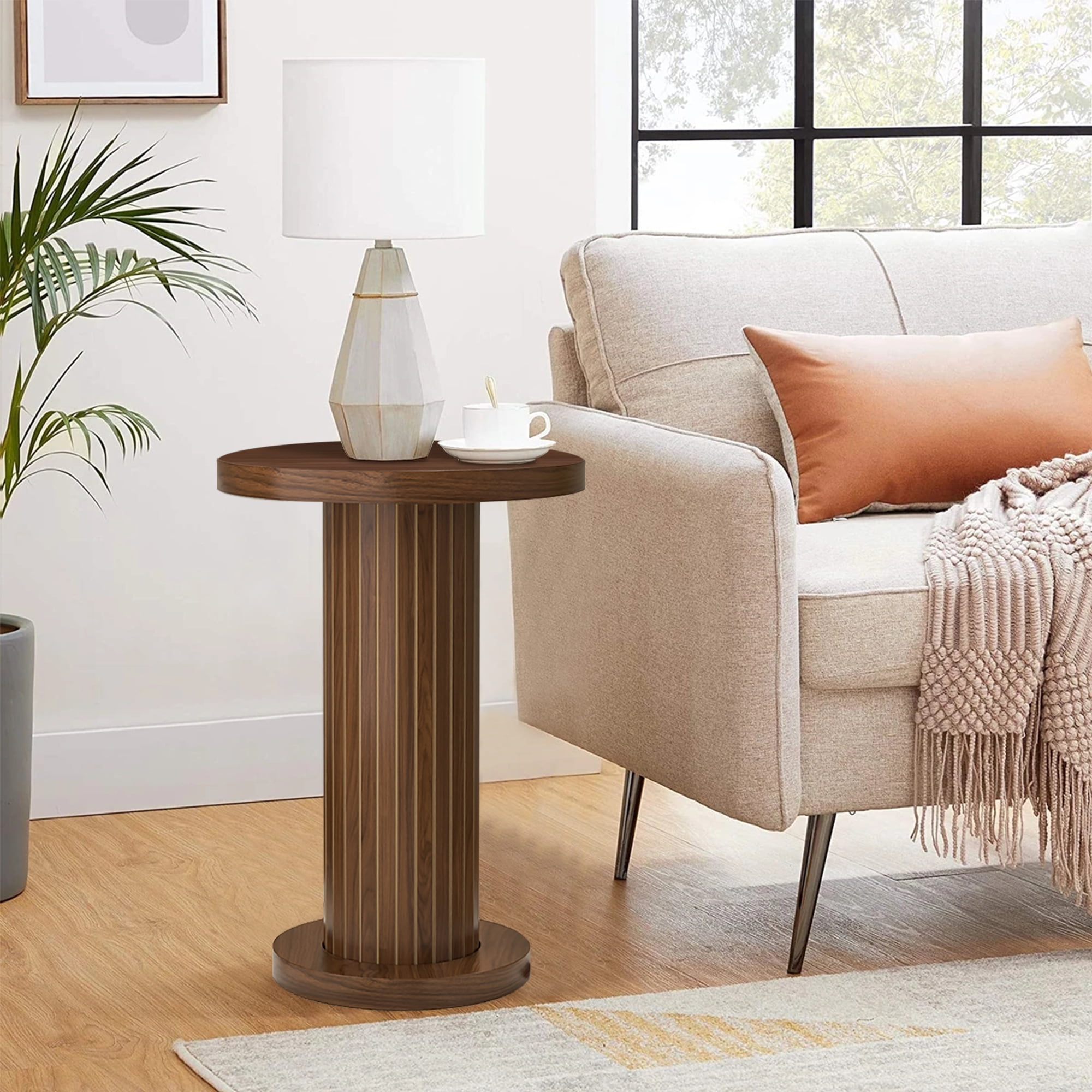 Small Round Pedestal Side Table, Drink Table for Small Spaces, Modern Accent Table, Walnut ...