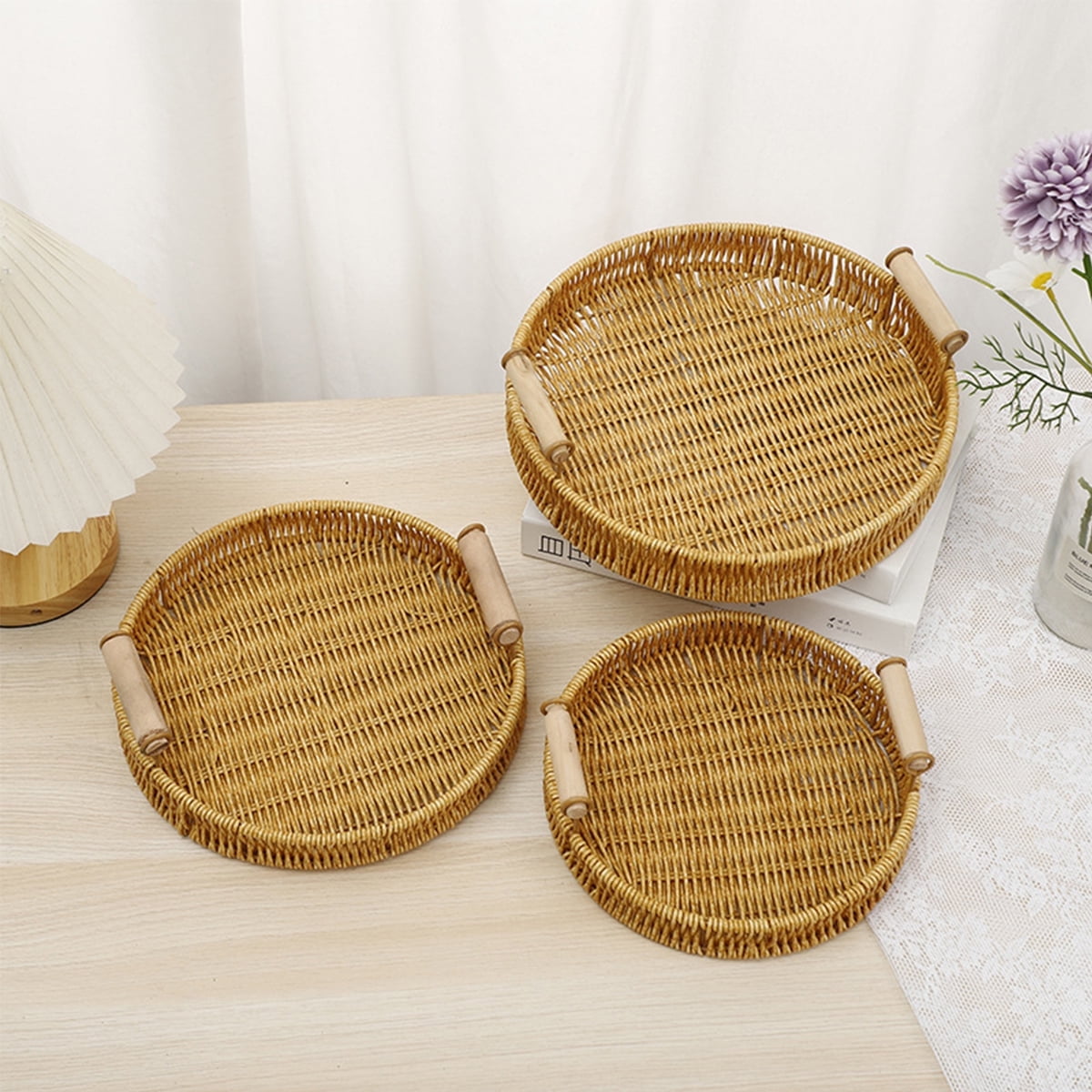 Small Round Rattan Serving Trays with Handles, Decorative Woven Wicker ...