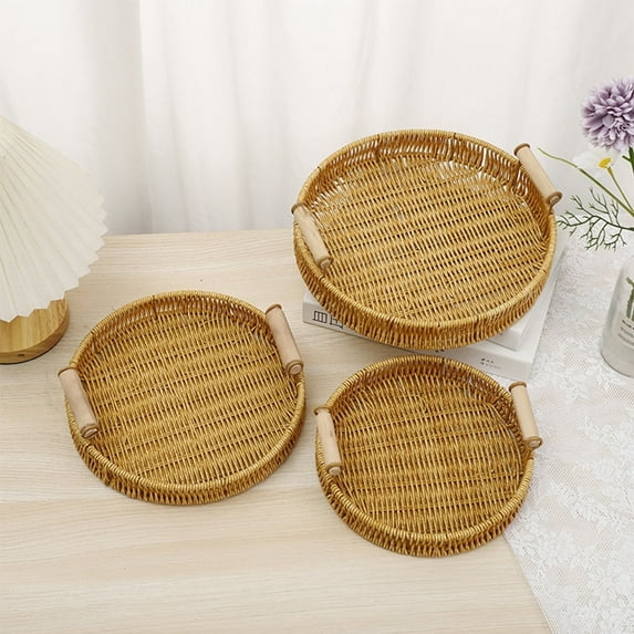 3 Pack Round Rattan Baskets, Decorative Wicker Woven Organizer Baskets ...