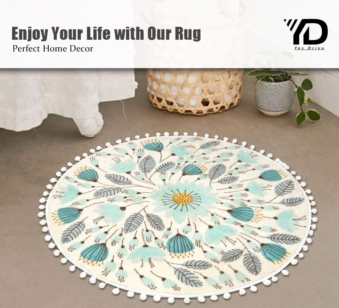 Small Round Rug 2’ Circle Cute Bath Mat with Pom Poms Fringe Floral ...