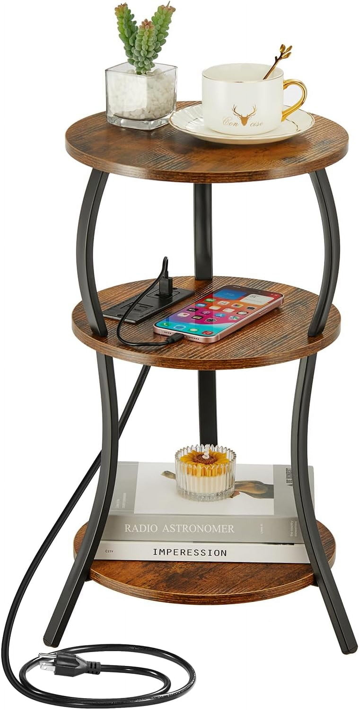 Small Round Side Table with Charging Station, 3-Tier Waist Circular End ...