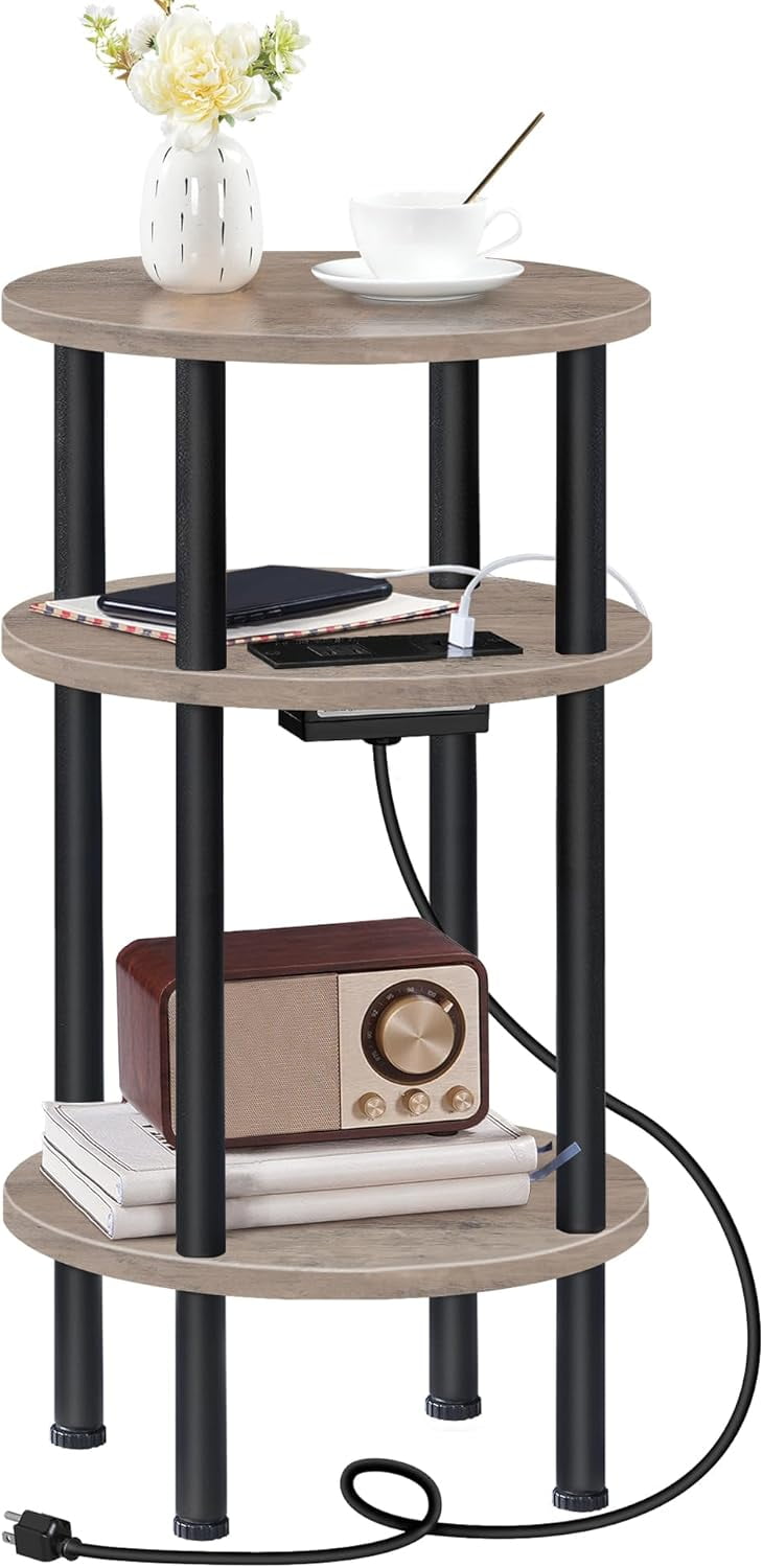 Small Round Side Table with Charging Station, Round End Accent Table, 3 ...