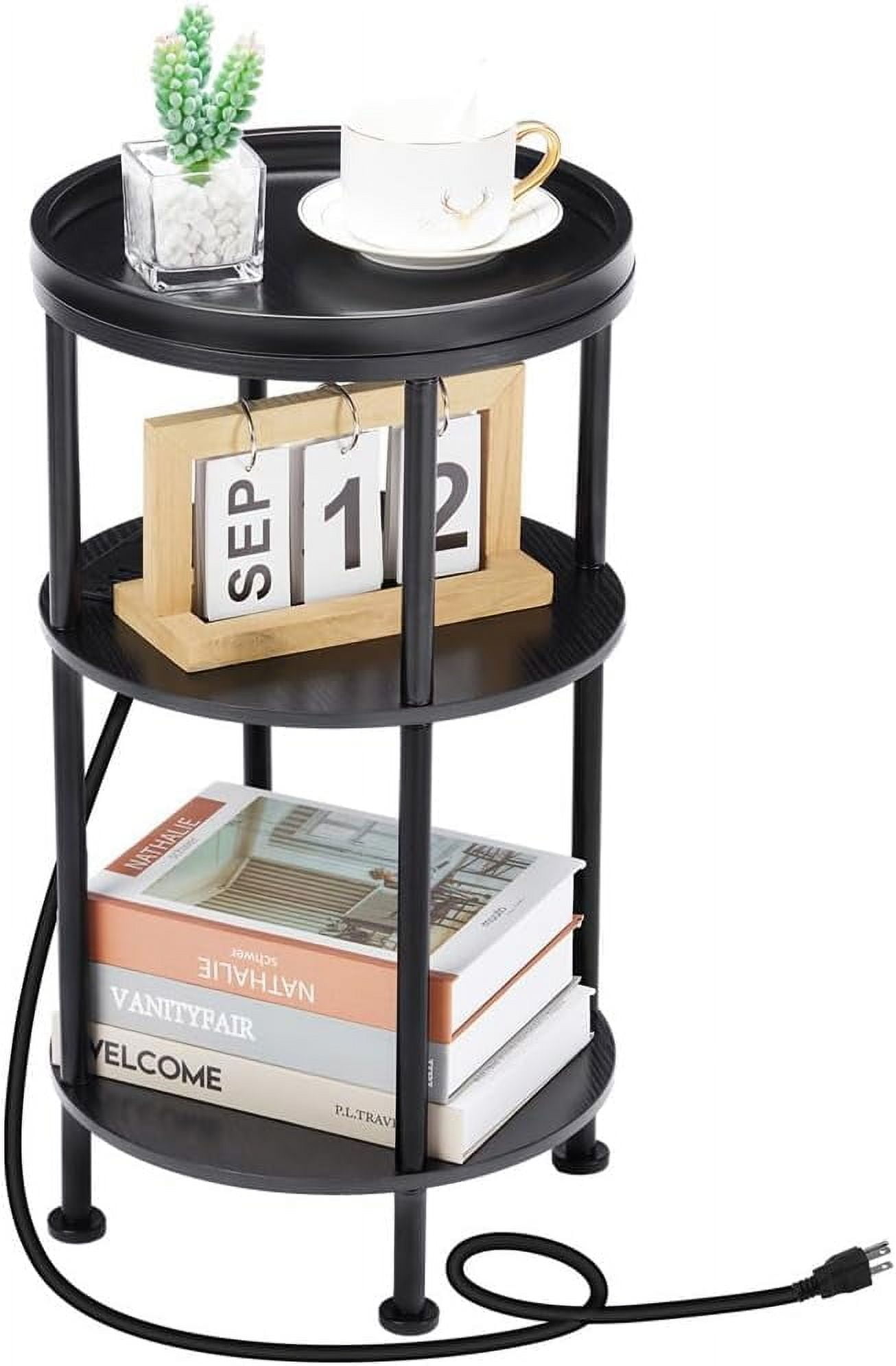 Small Round Side Table with Charging Station for Small Spaces, 3-Tier ...