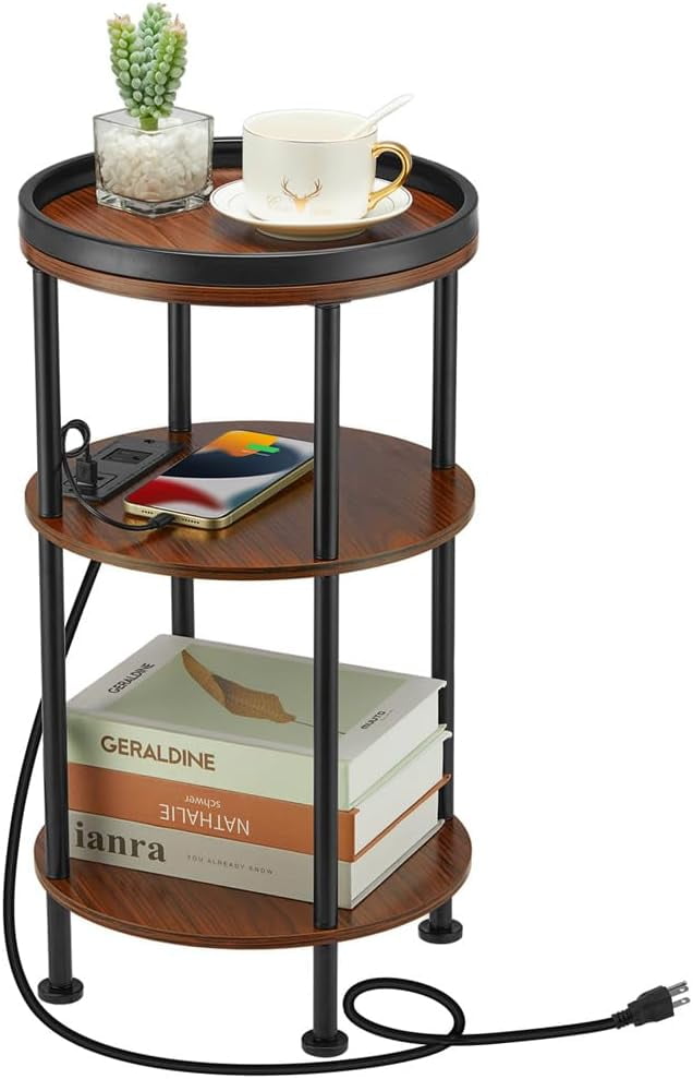 Small Round Side Table with Charging Station for Small Spaces, 3-Tier ...