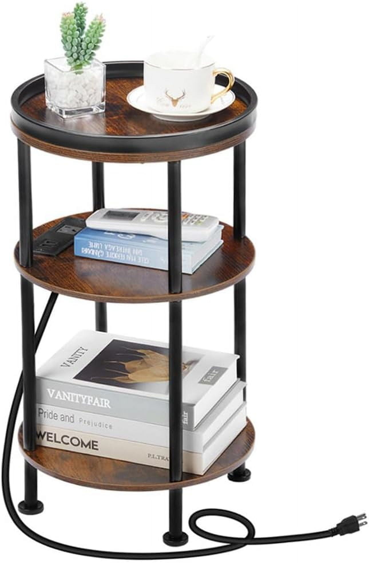 Small Round Side Table with Charging Station for Small Spaces, 3-Tier ...