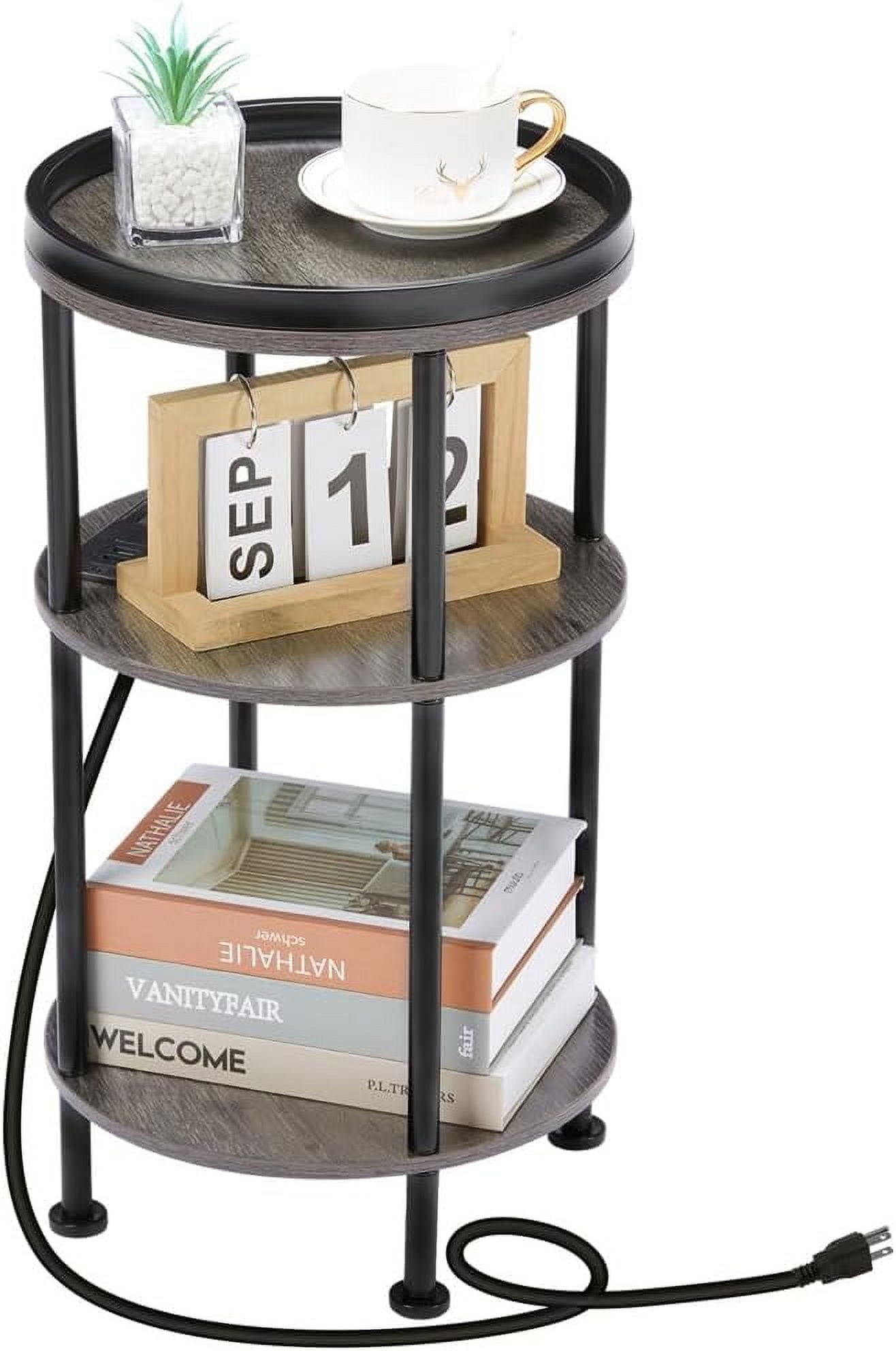 Small Round Side Table with Charging Station for Small Spaces, 3-Tier ...