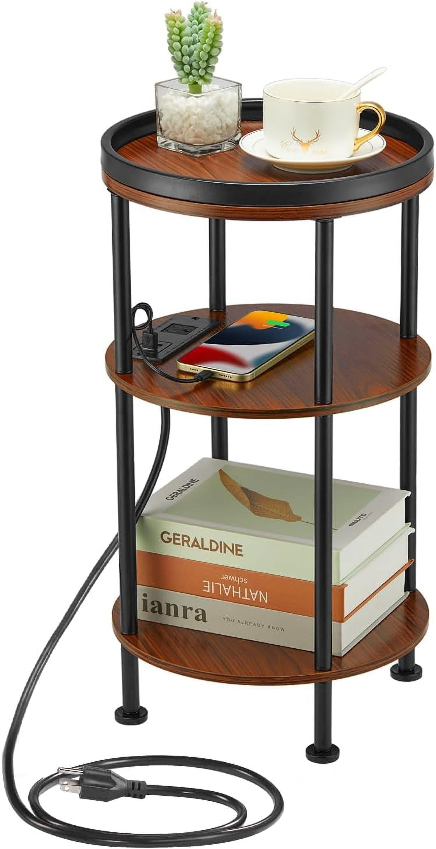 Small Round Side Table with Charging Station for Small Spaces, 3-Tier ...