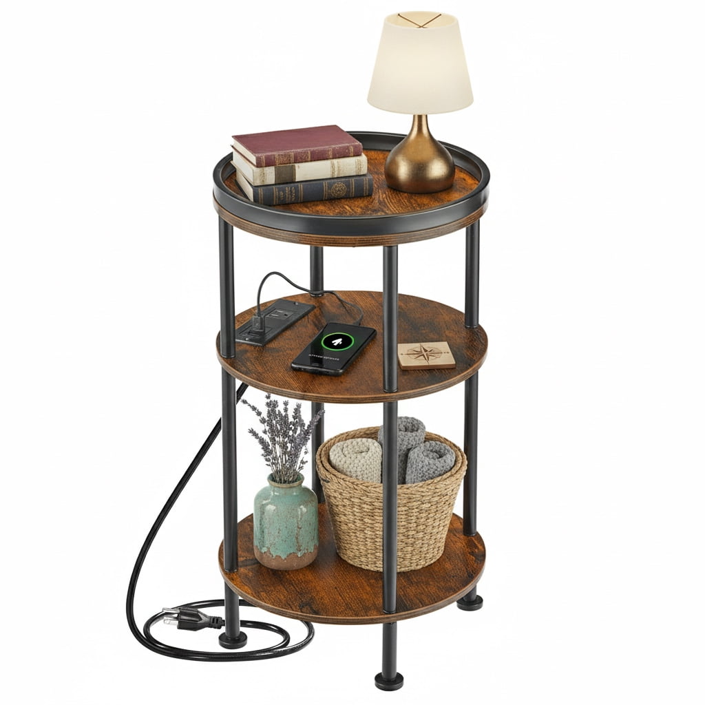 Small Round Side Table with Charging Station for Small Spaces, 3-Tier ...