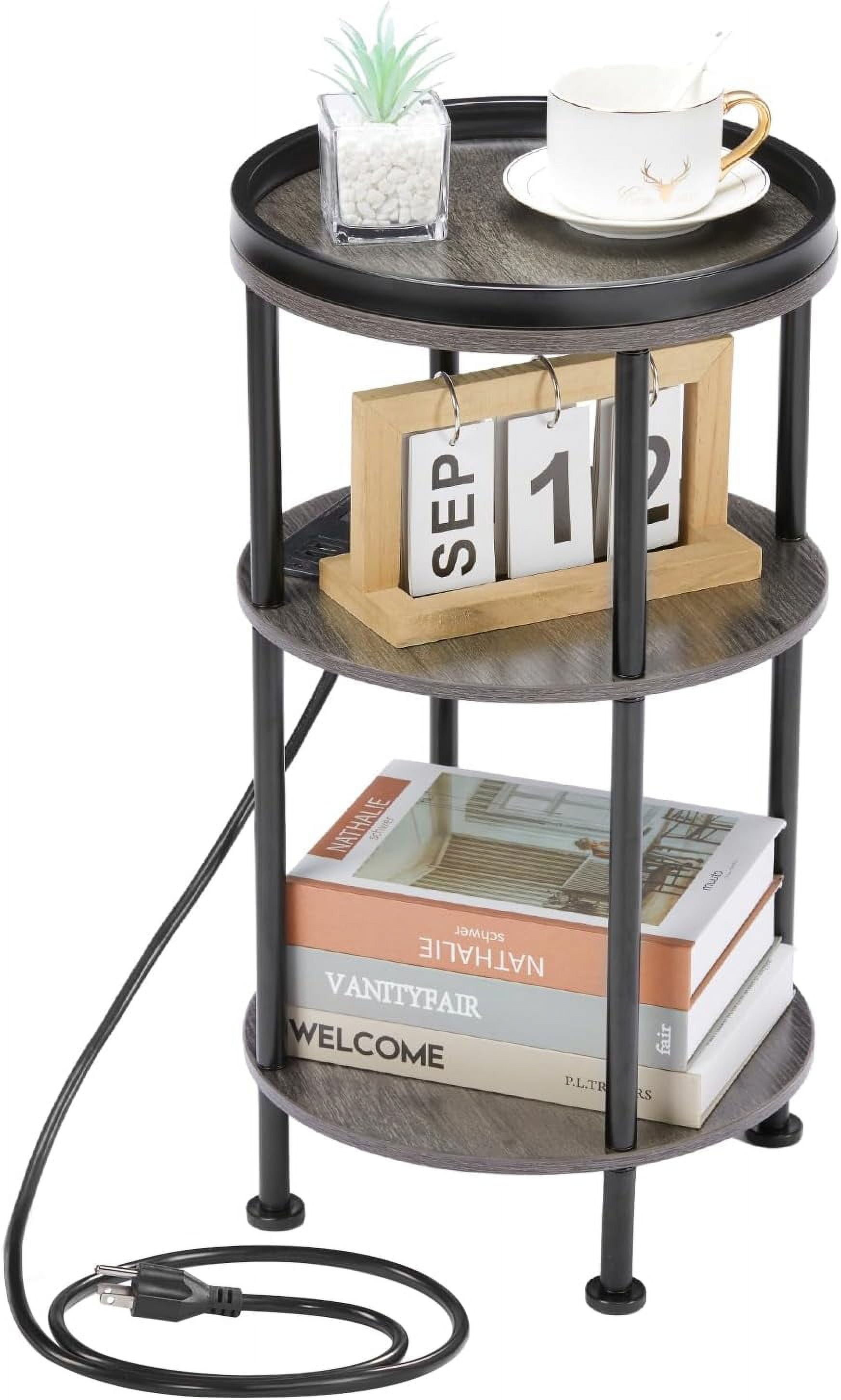 Small Round Side Table with Charging Station for Small Spaces, 3-Tier ...