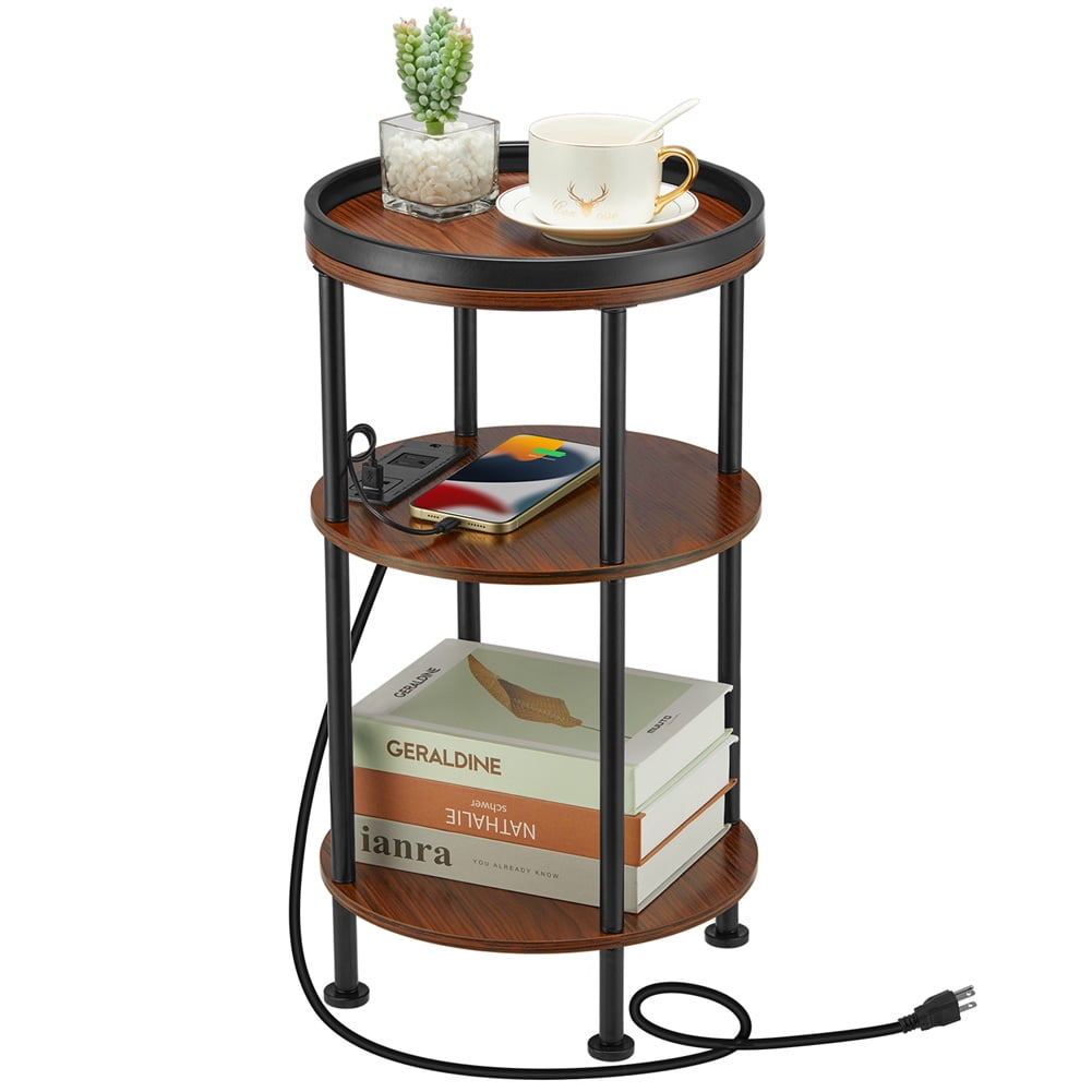Small Round Side Table with Charging Station for Small Spaces, 3-Tier ...