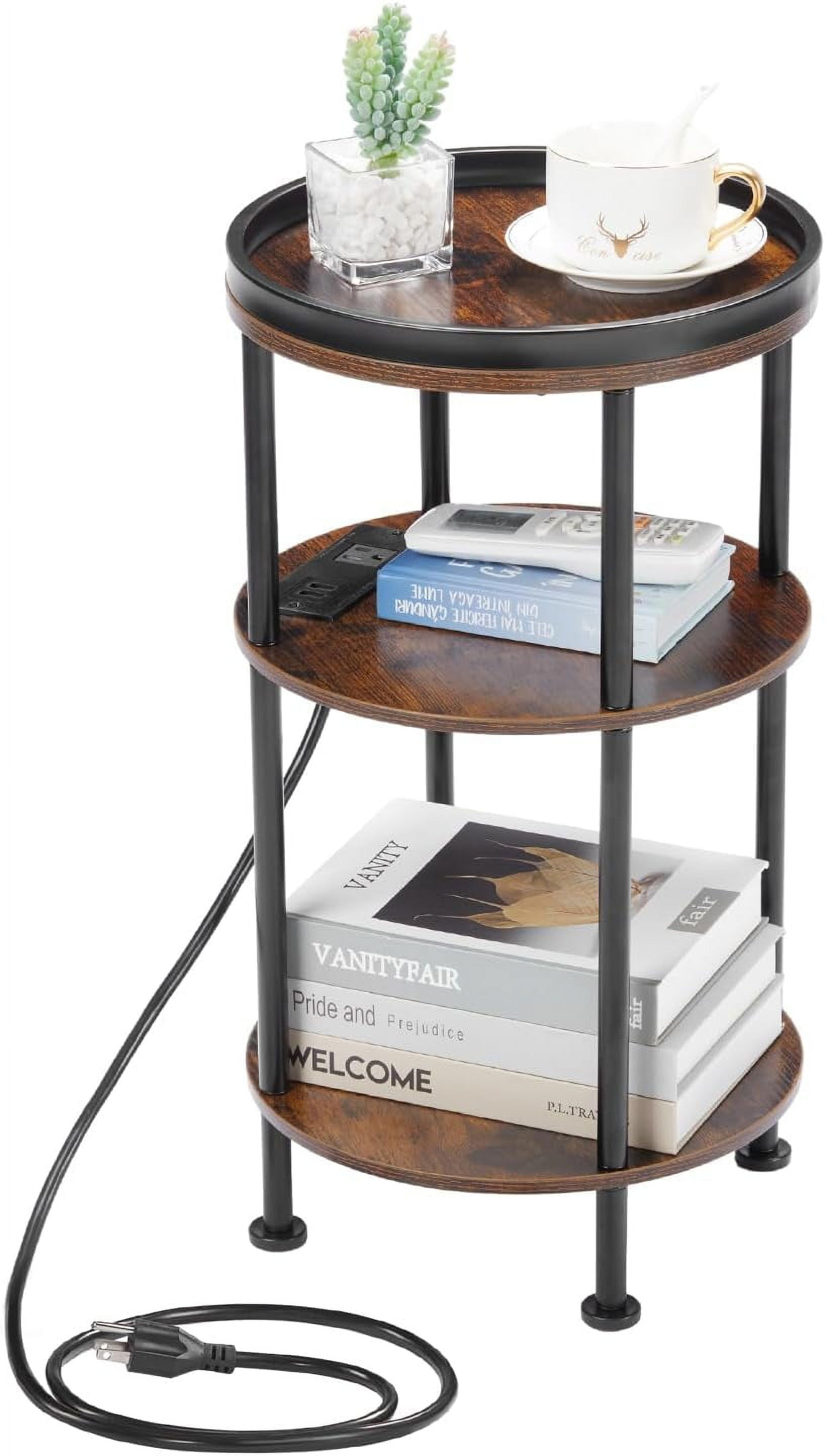 Small Round Side Table with Charging Station for Small Spaces, 3-Tier ...