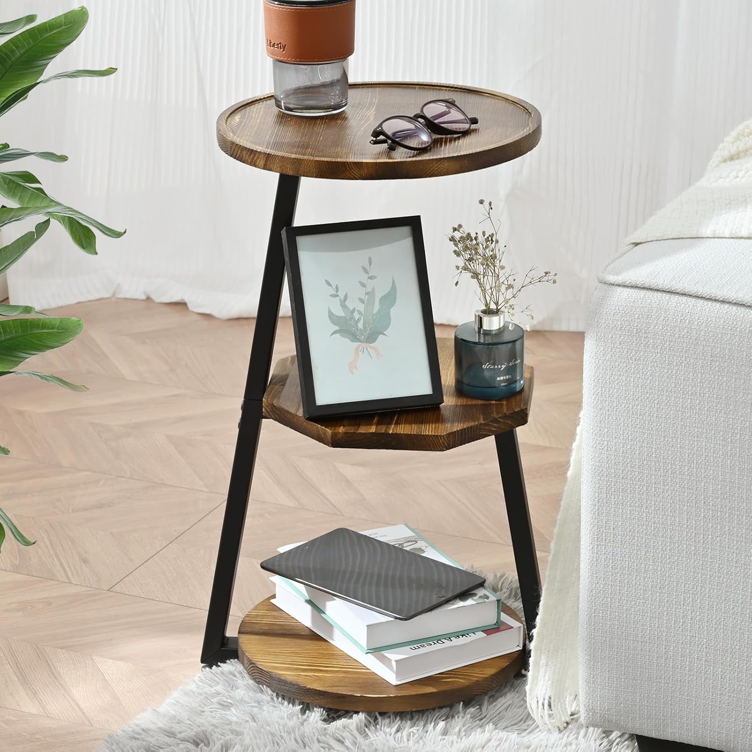 Small Round Side Table End Table with Solid Wood Tray Top Metal Frame ...