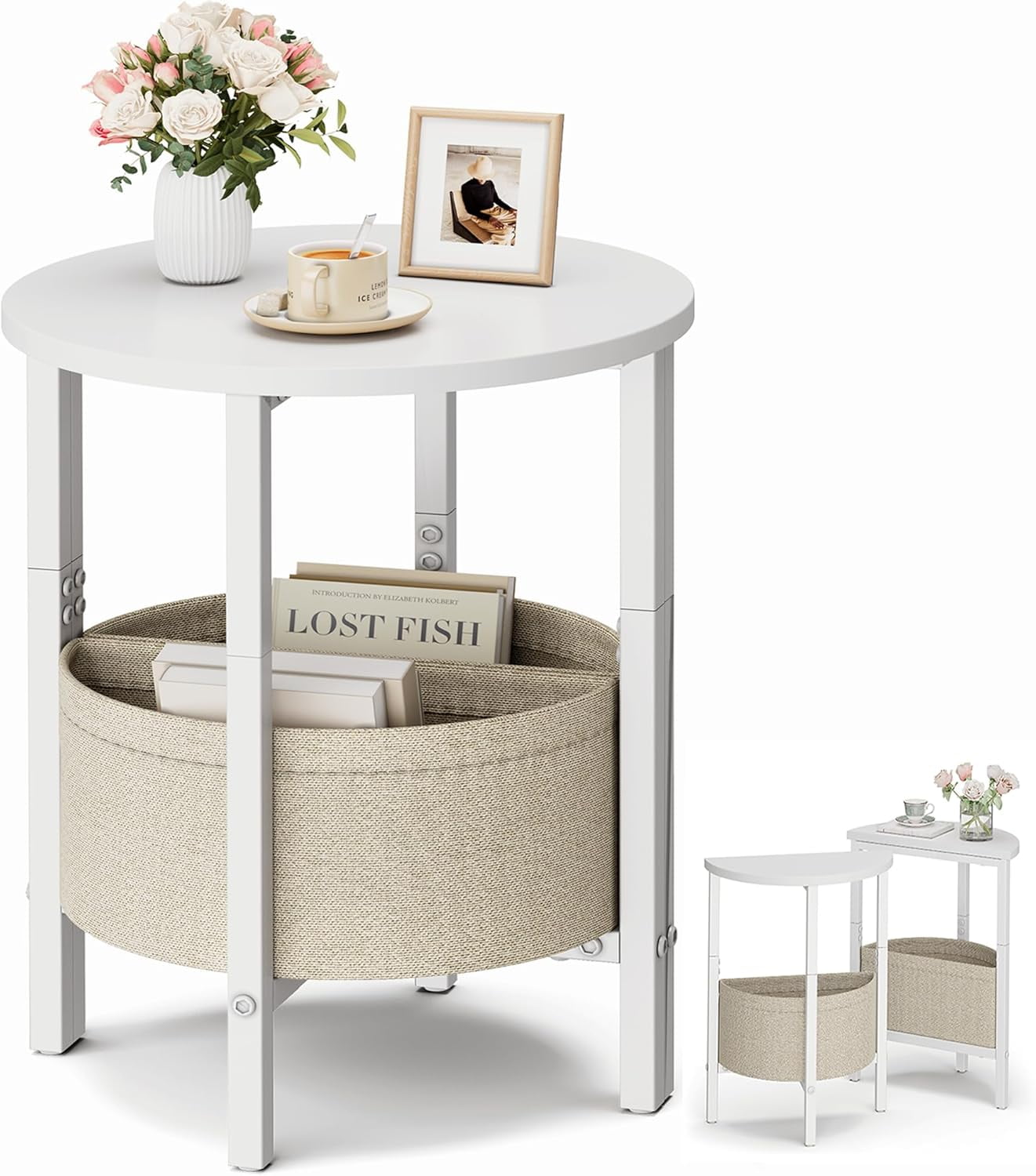 Small Round Side Table End Table with Storage Basket, Tall Accent ...