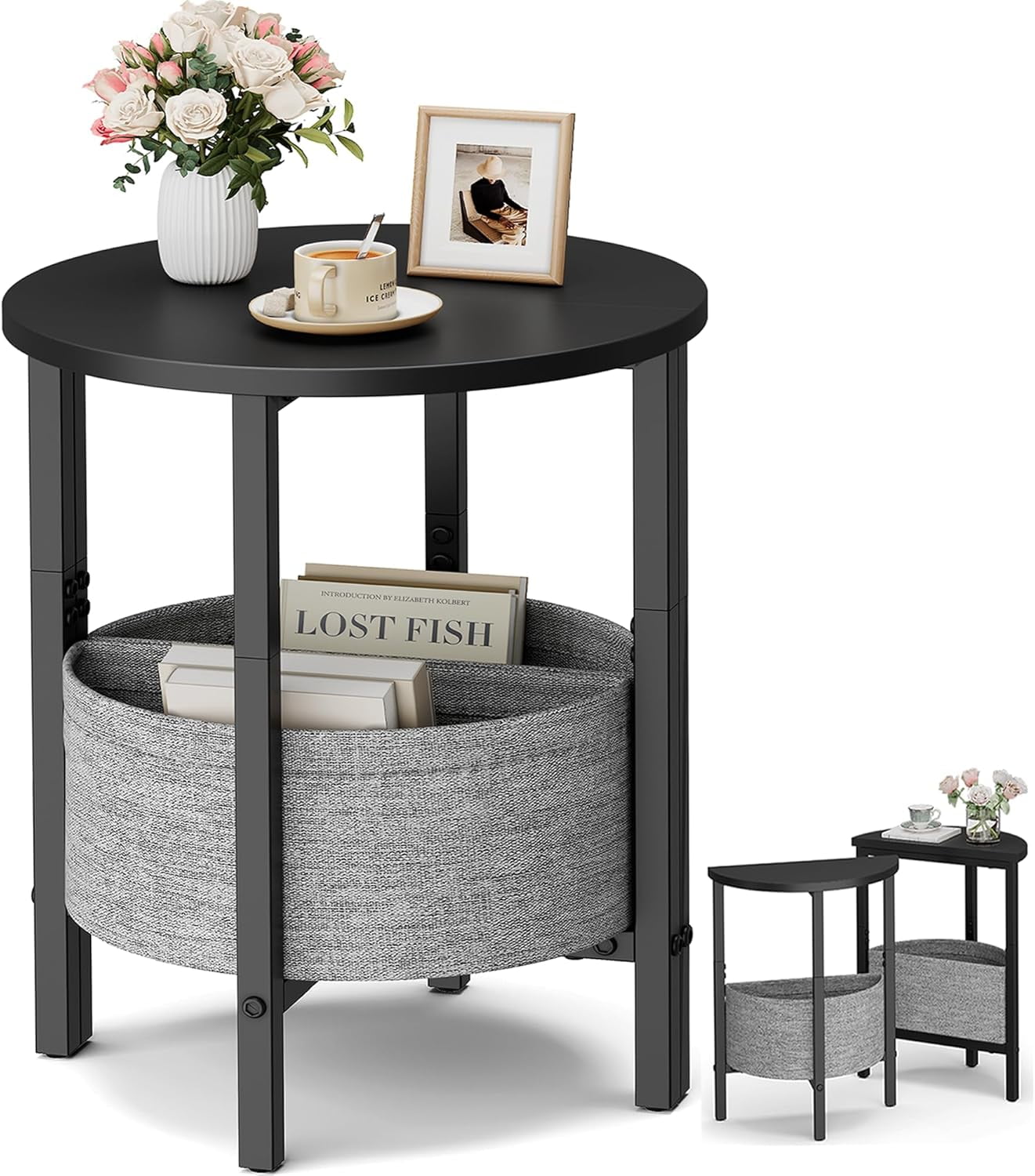 Small Round Side Table End Table, Tall Accent Table with Storage Basket ...
