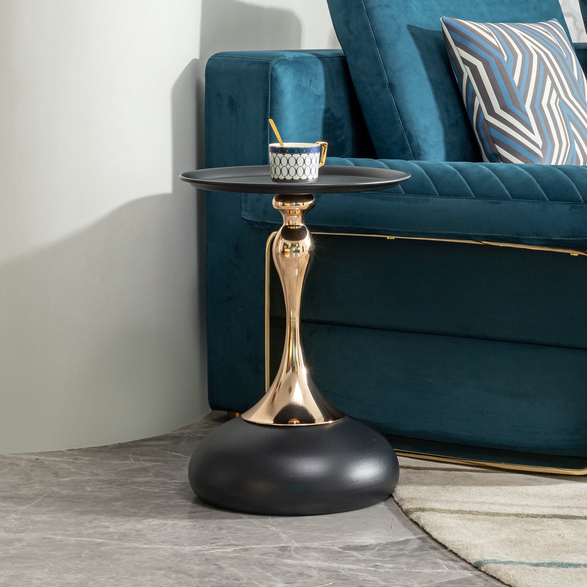 Small Round Side Table - Metal Frame with Black Finish, Space-Saving ...