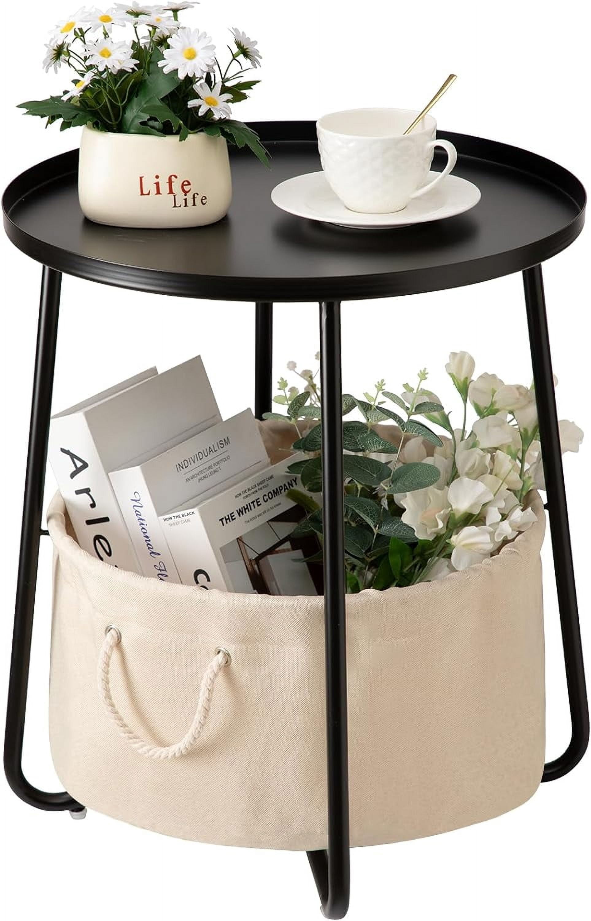 Small Round Side Table, Metal Side Table with Fabric Storage Basket for ...