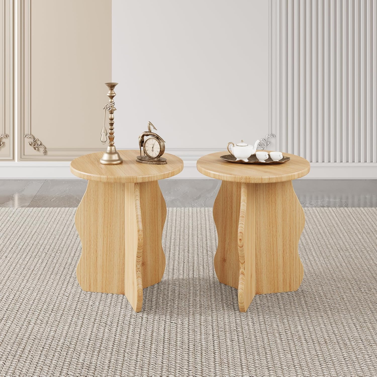 Small Round Side Table Set of 2, 16" Wodden Drink End Table with Unique ...