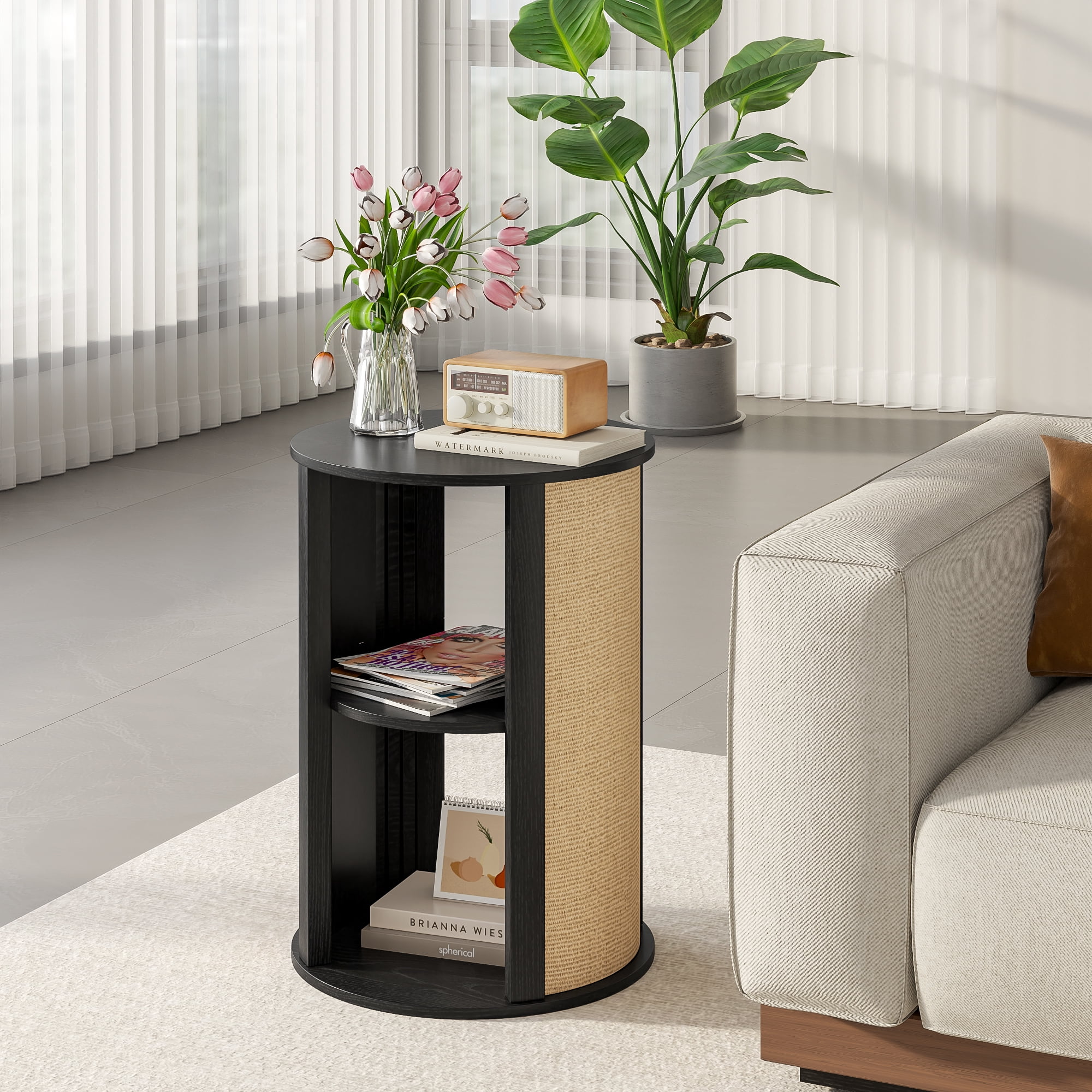 Small Round Side Table with Storage Shelf Boho Rustic Circular Sofa ...