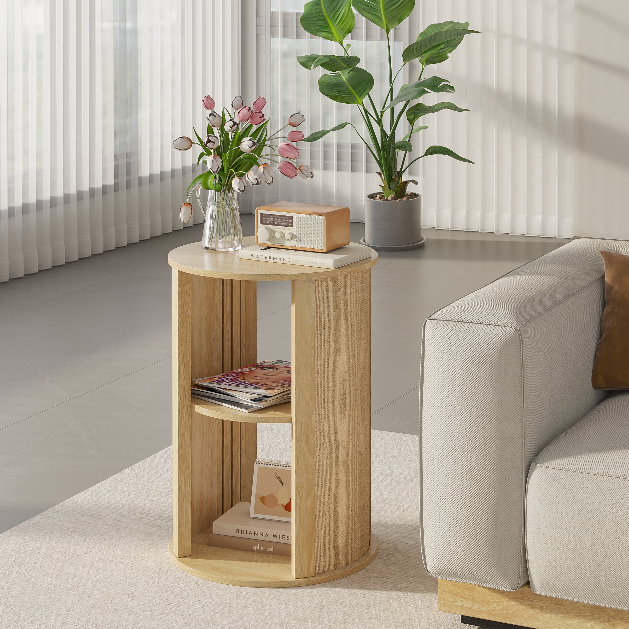 Small Round Side Table with Storage Shelf Boho Rustic Circular Sofa ...