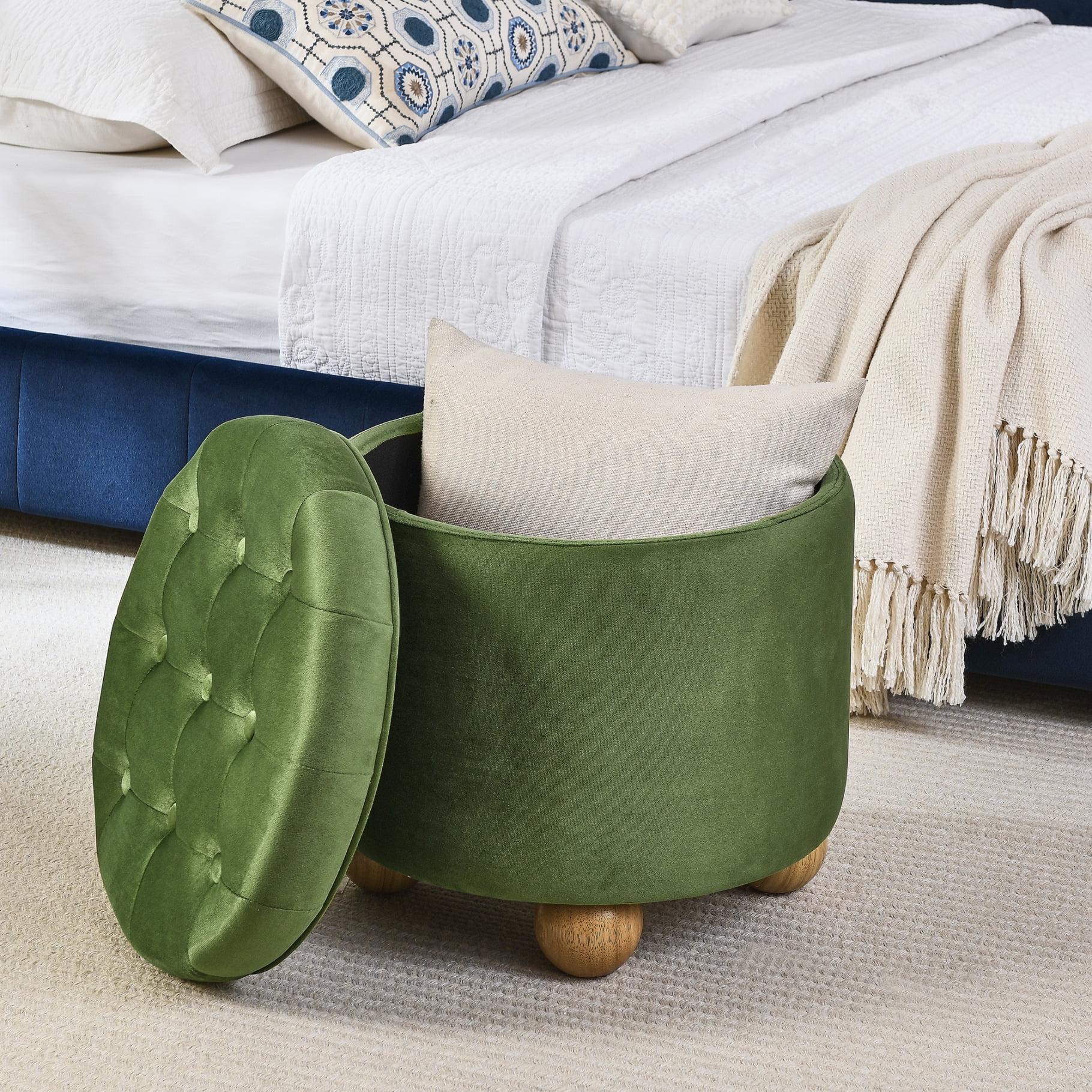 Small Round Storage Ottoman, Flannel Ottoman with Storage, Button ...