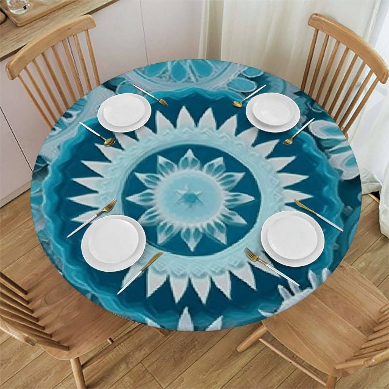 Small Round Tablecloth, Aqua Washable Polyester Table Cloth for, Leaves ...