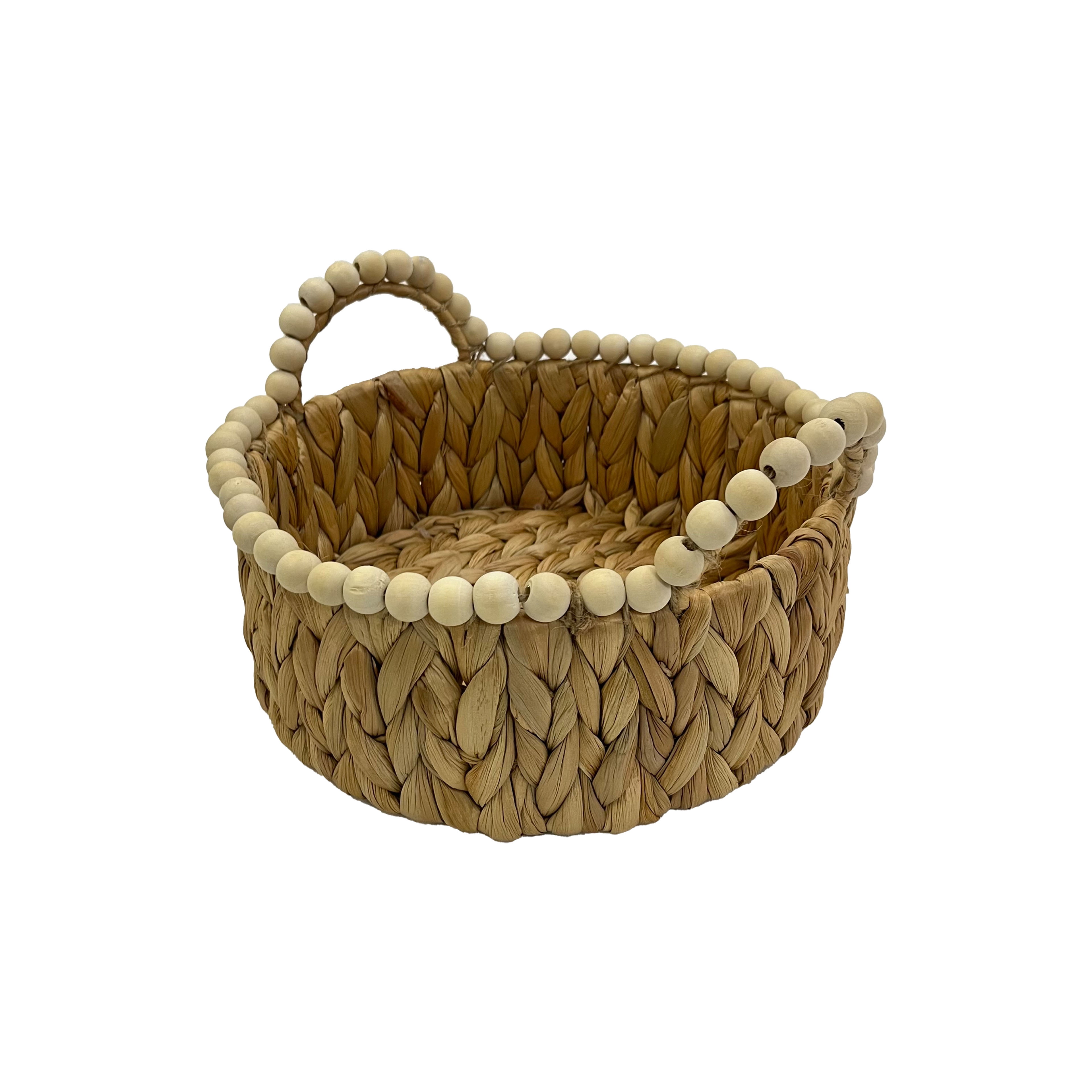 Small Round Water Hyacinth Woven Basket with Wood Beads by Ashland ...
