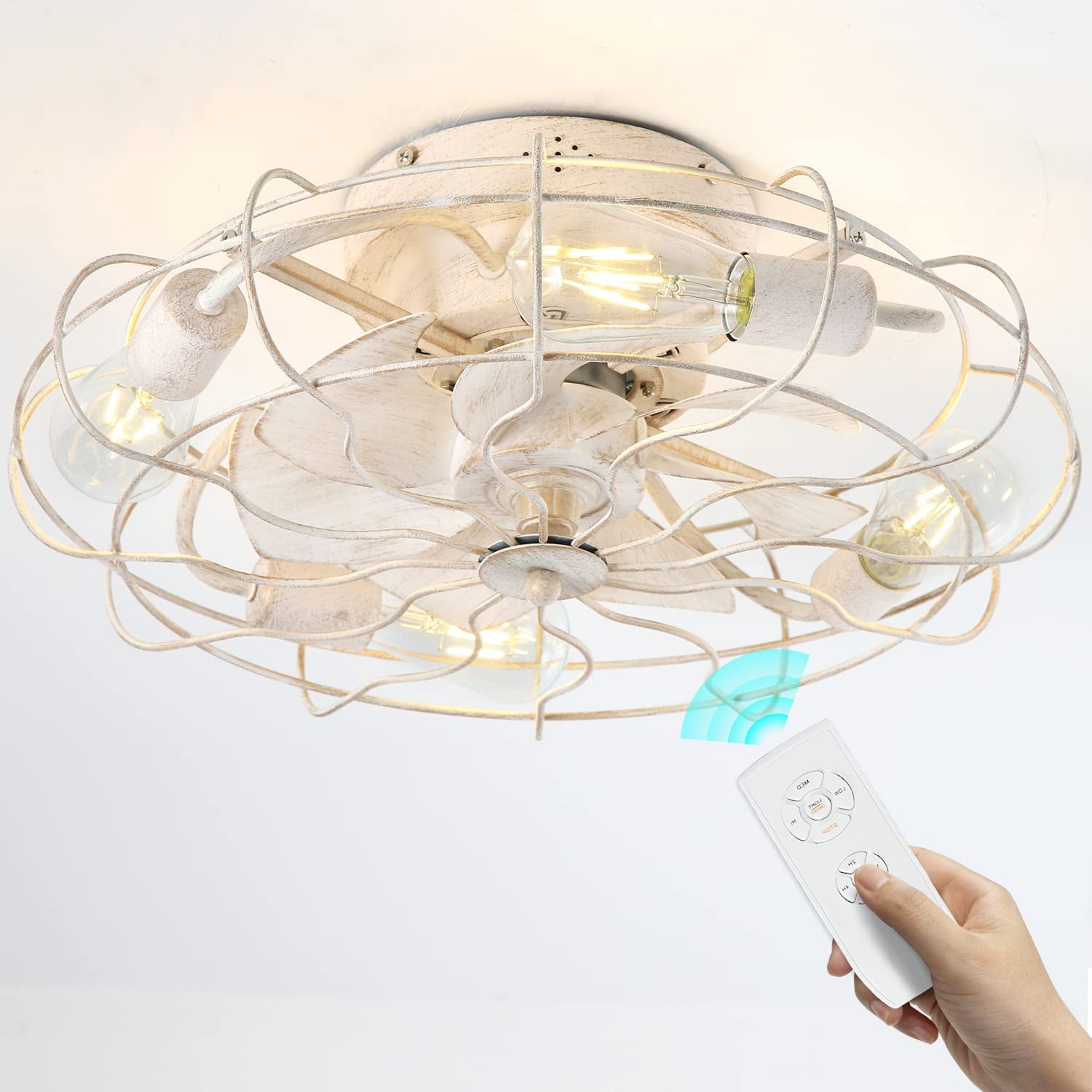 Small Rustic Rust Beige Caged Ceiling Fan with Lights and Remote, 7 ...