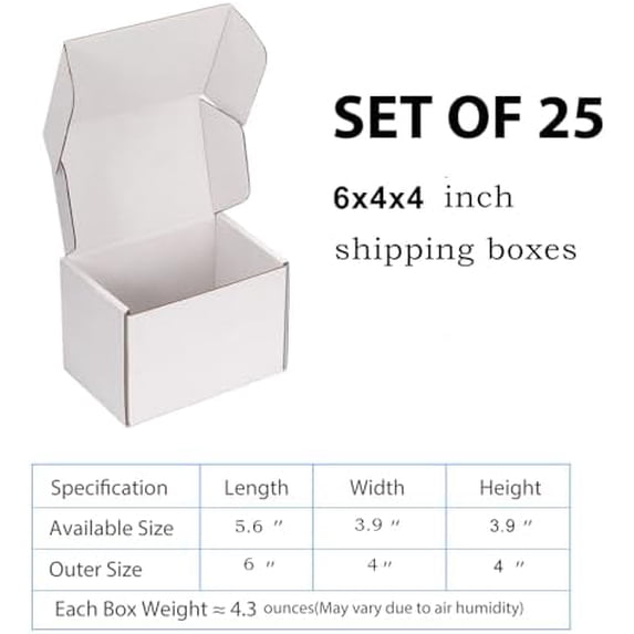 Small Shipping Boxes 6x4x4 Inch (25 Pack) - Sturdy White Corrugated ...