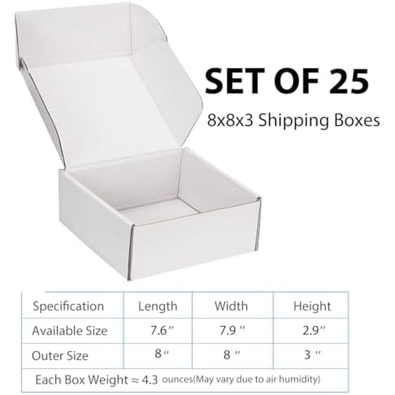 Small Shipping Boxes 8x8x3 Inch (25 Pack) - Sturdy White Corrugated ...