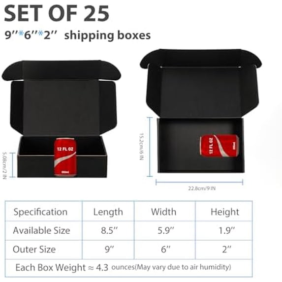 Small Shipping Boxes 9x6x2 Inch (25 Pack) - Sturdy Black Corrugated ...