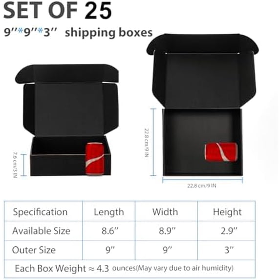 Small Shipping Boxes 9x9x3 Inch (25 Pack) - Sturdy Black Corrugated ...