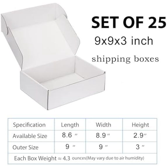 Small Shipping Boxes 9x9x3 Inch (25 Pack) - Sturdy White Corrugated ...