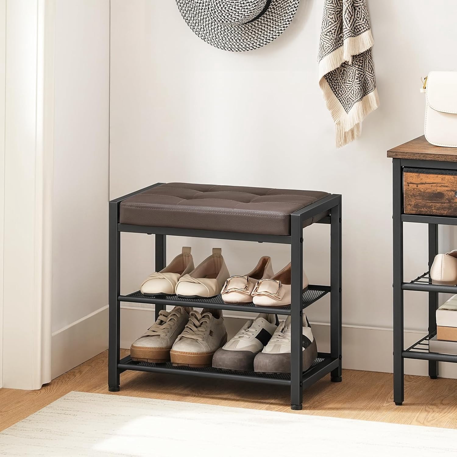 Small Shoe Bench, 3-Tier Shoe Rack, Shoe Storage Bench with PU Seat ...