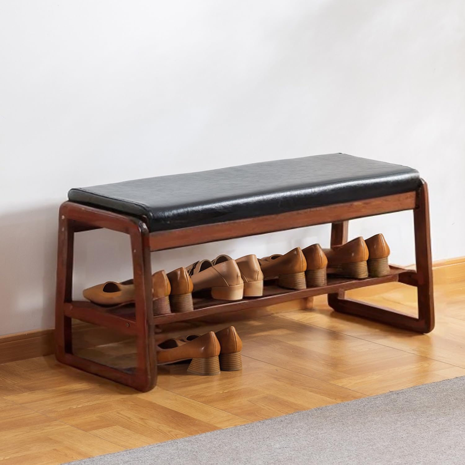 Small Shoe Bench, Solid Wood Bench with Cushion, 2 Tier Shoe Storage ...