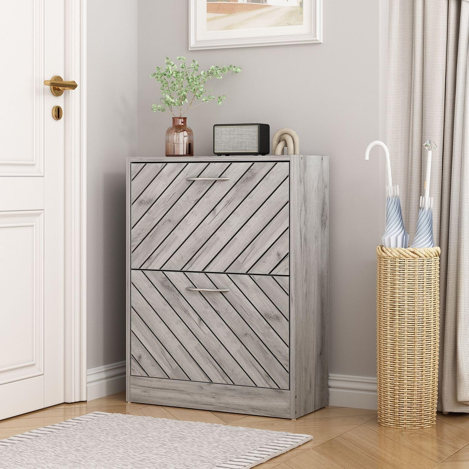 Small Shoe Cabinet with 2 Flip Drawers, Slim Shoe Storage Cabinet Shoe ...