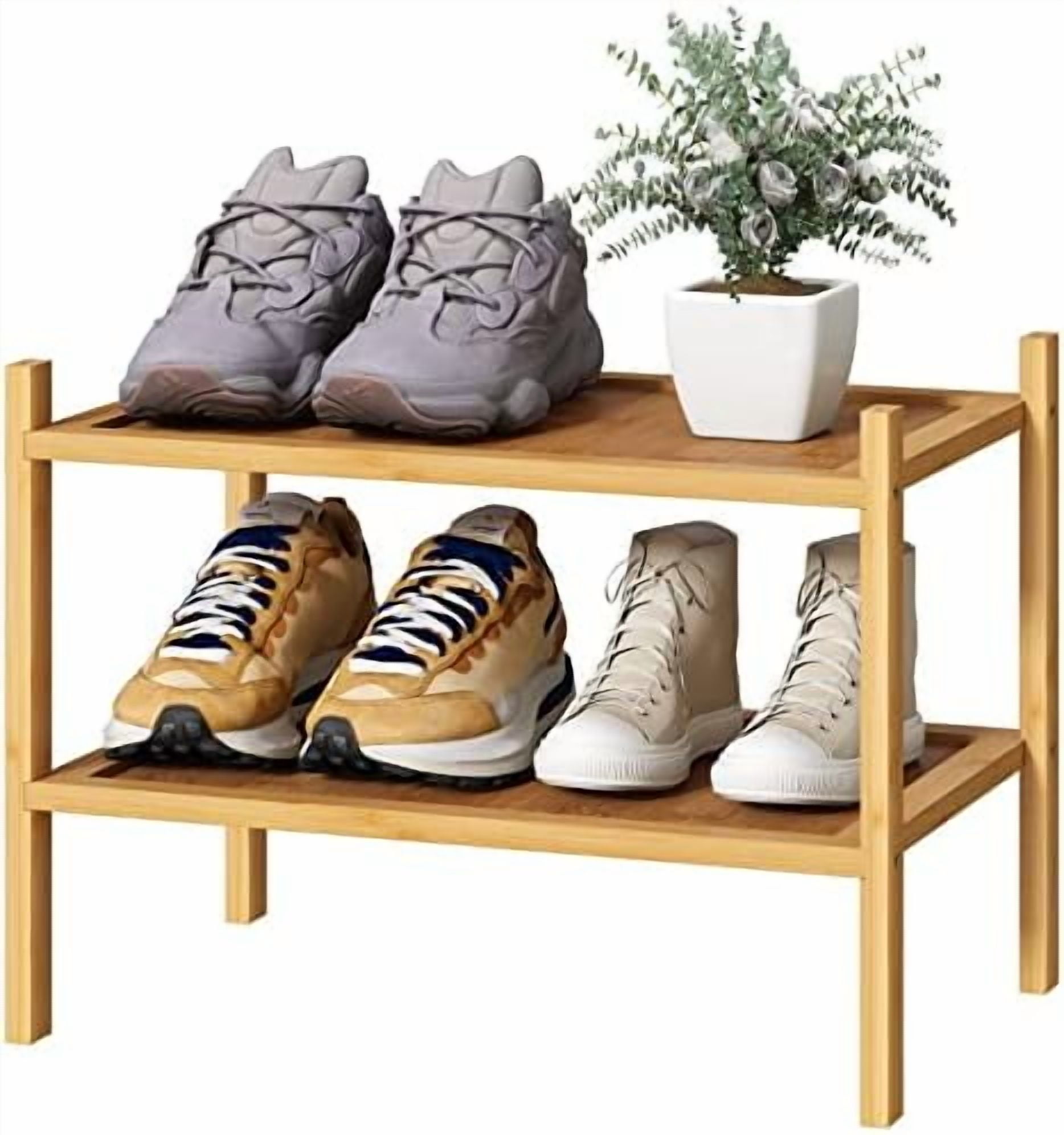 Small Shoe Rack, 2-Tier Bamboo Wood Shoe Rack for Entryway, Stackable ...