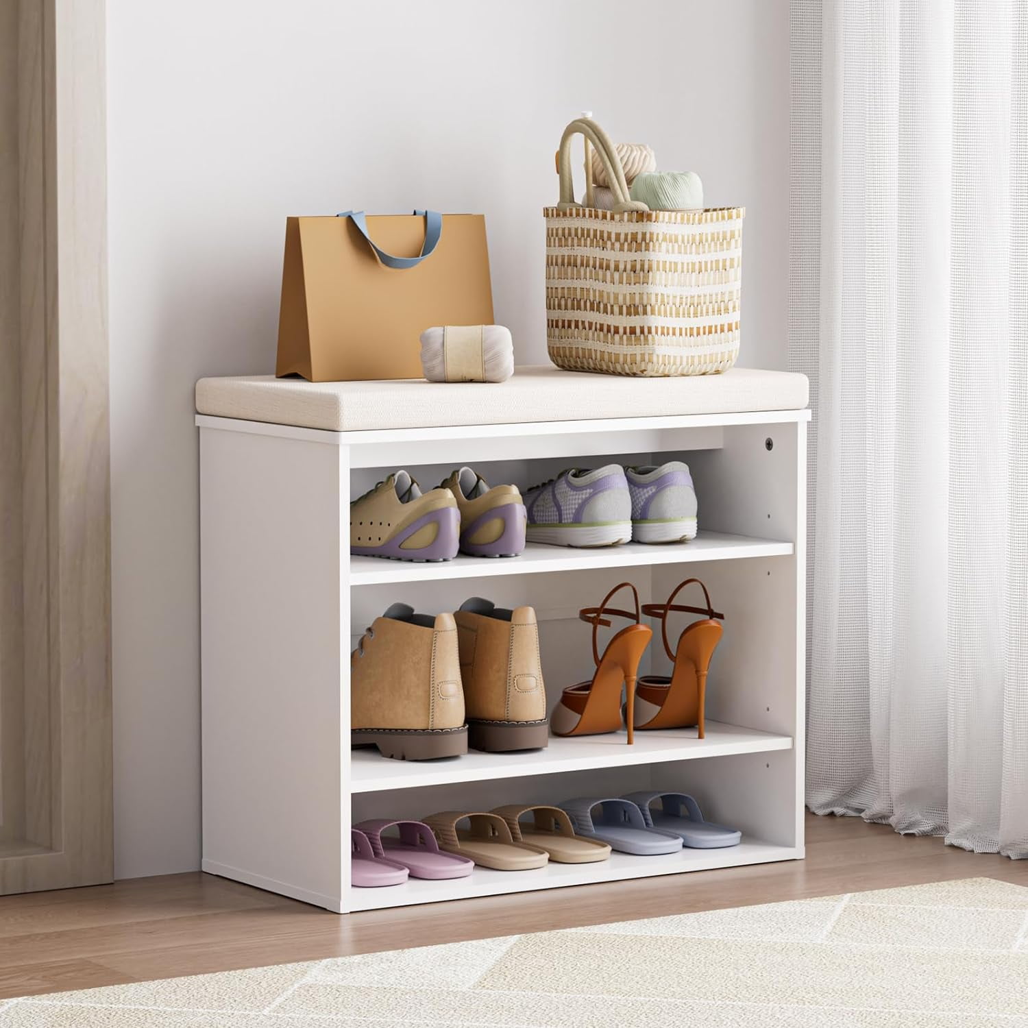 Small Shoe Rack with Bench, 3-Tier Entryway Shoe Storage Bench with ...