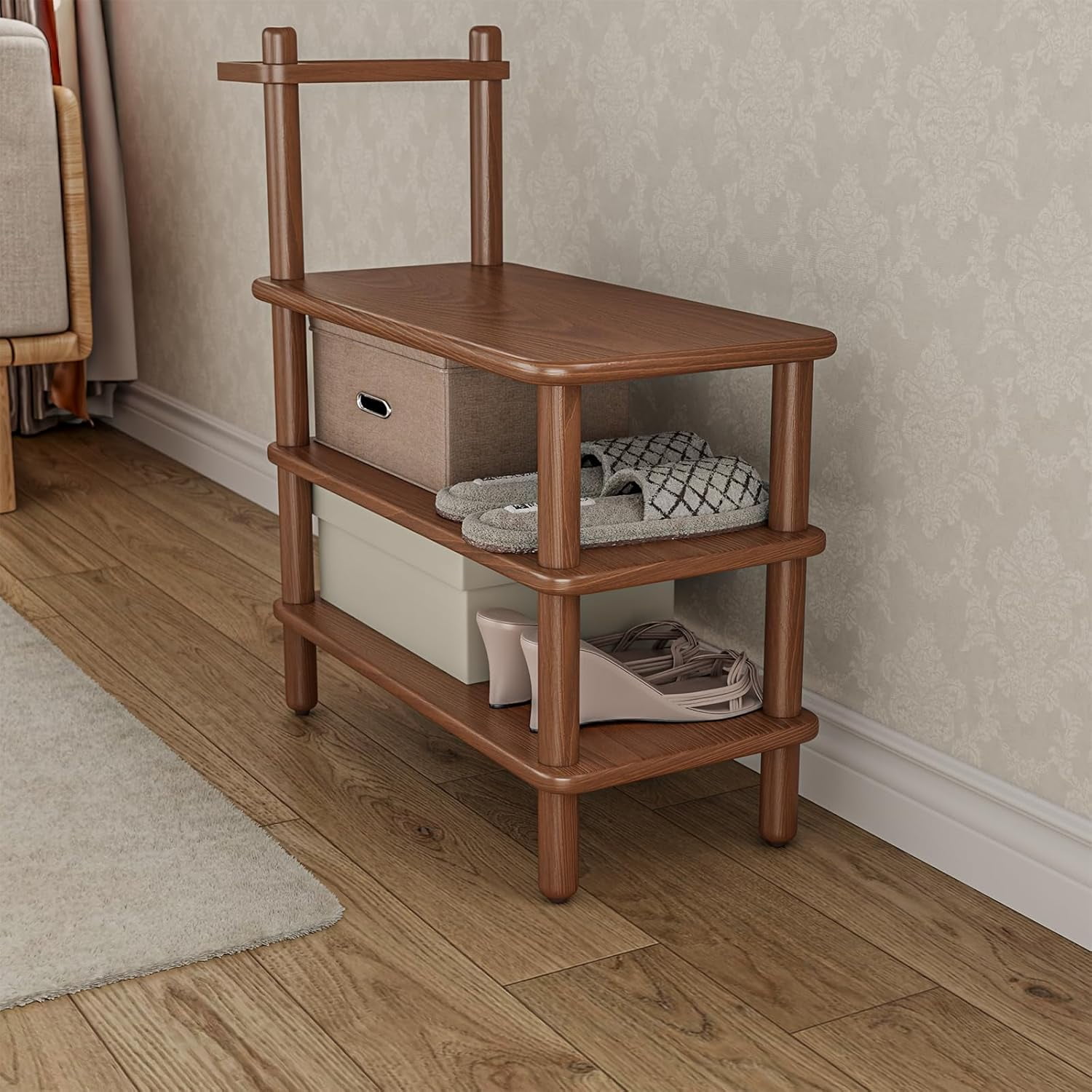 Small Shoe Rack Bench, Entryway Shoe Bench with Tray, 3 Tiers Solid ...