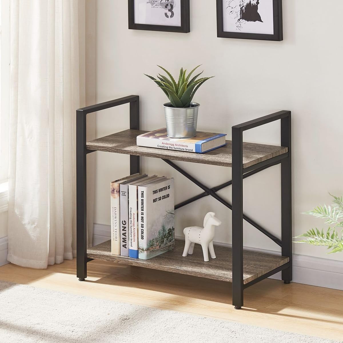 Small Short Bookshelf, Wood 2 Shelf Etagere Bookcase, Metal Low Tier ...