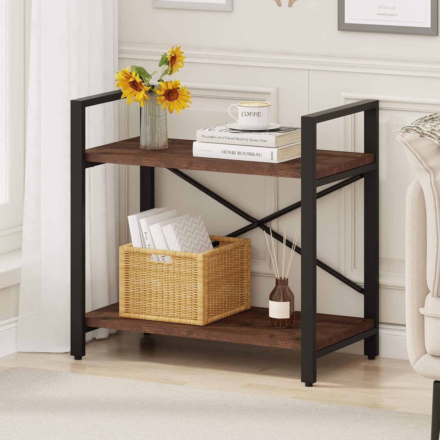 Small Short Bookshelf, Wood 2 Shelf Etagere Bookcase, Metal Low Tier ...