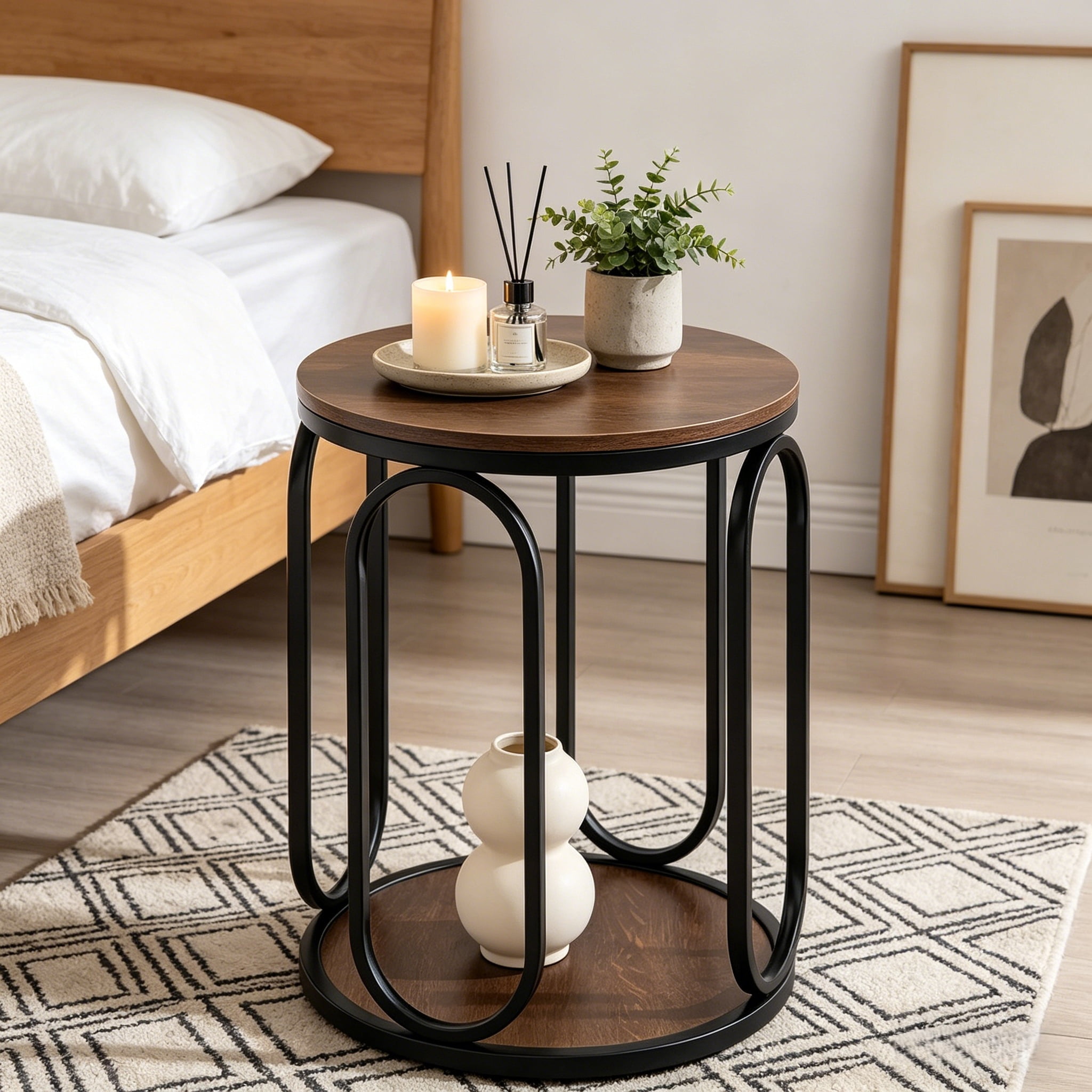 Small Side Table, 19.7" 2-Tier Round Bedside Table with Storage, Wood ...