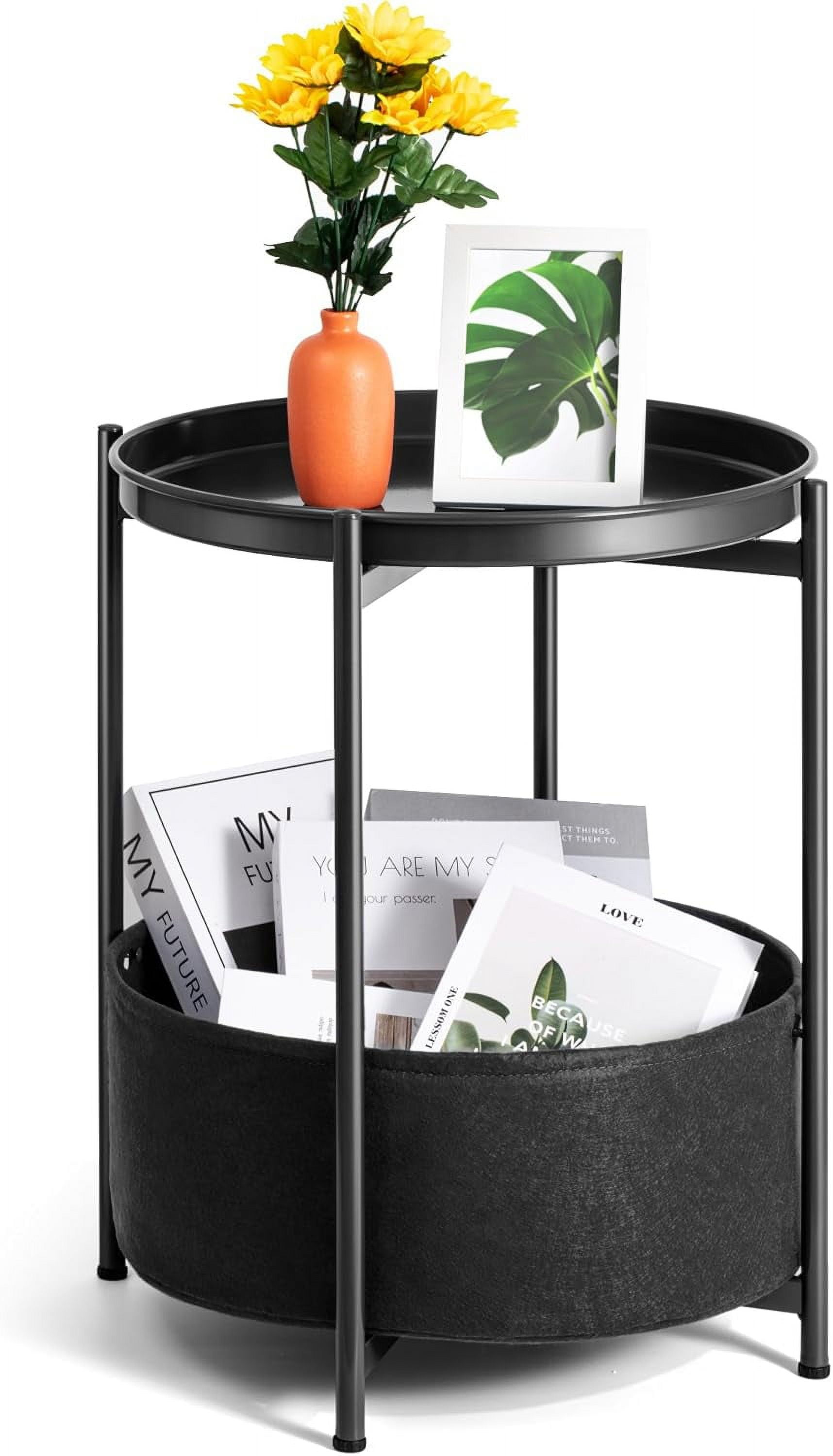 Small Side Table, Black Round End Table with Storage Basket, Metal ...