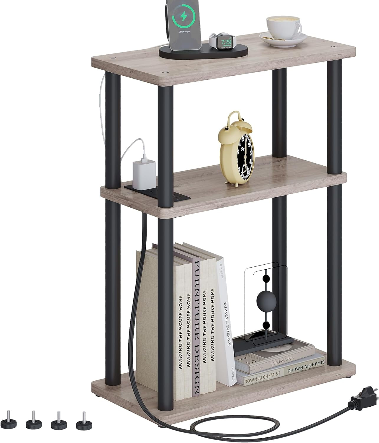 Small Side Table with Charging Station, Narrow End Table, Skinny ...