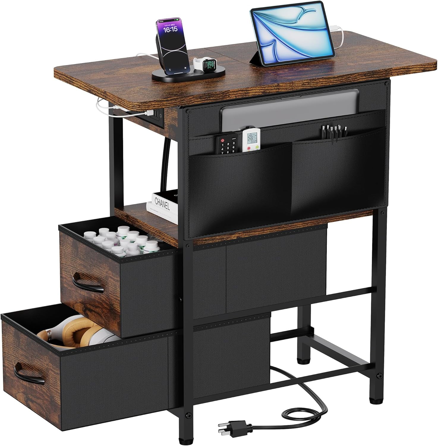 Small Side Table with Charging Station, Narrow Nightstand Bedside ...