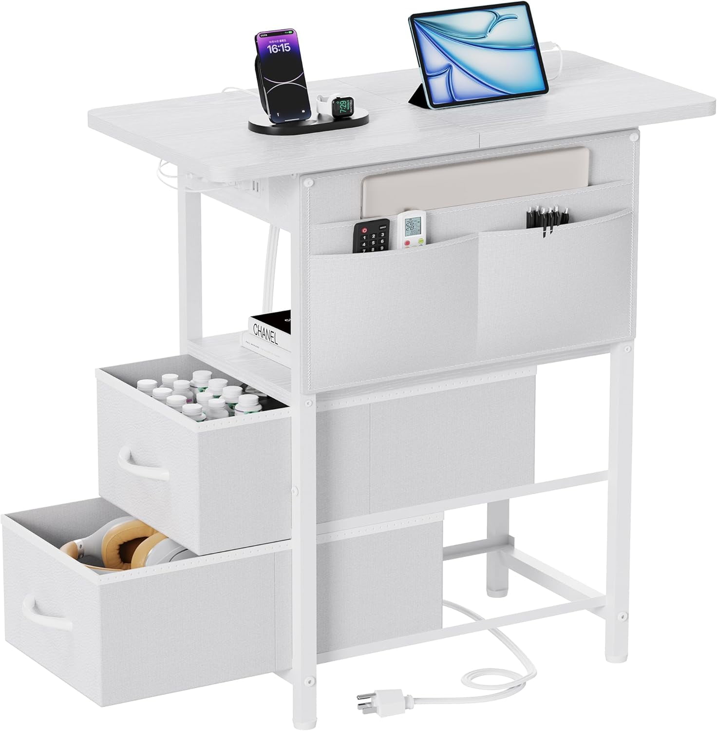 Small Side Table with Charging Station, Narrow Nightstand Bedside ...