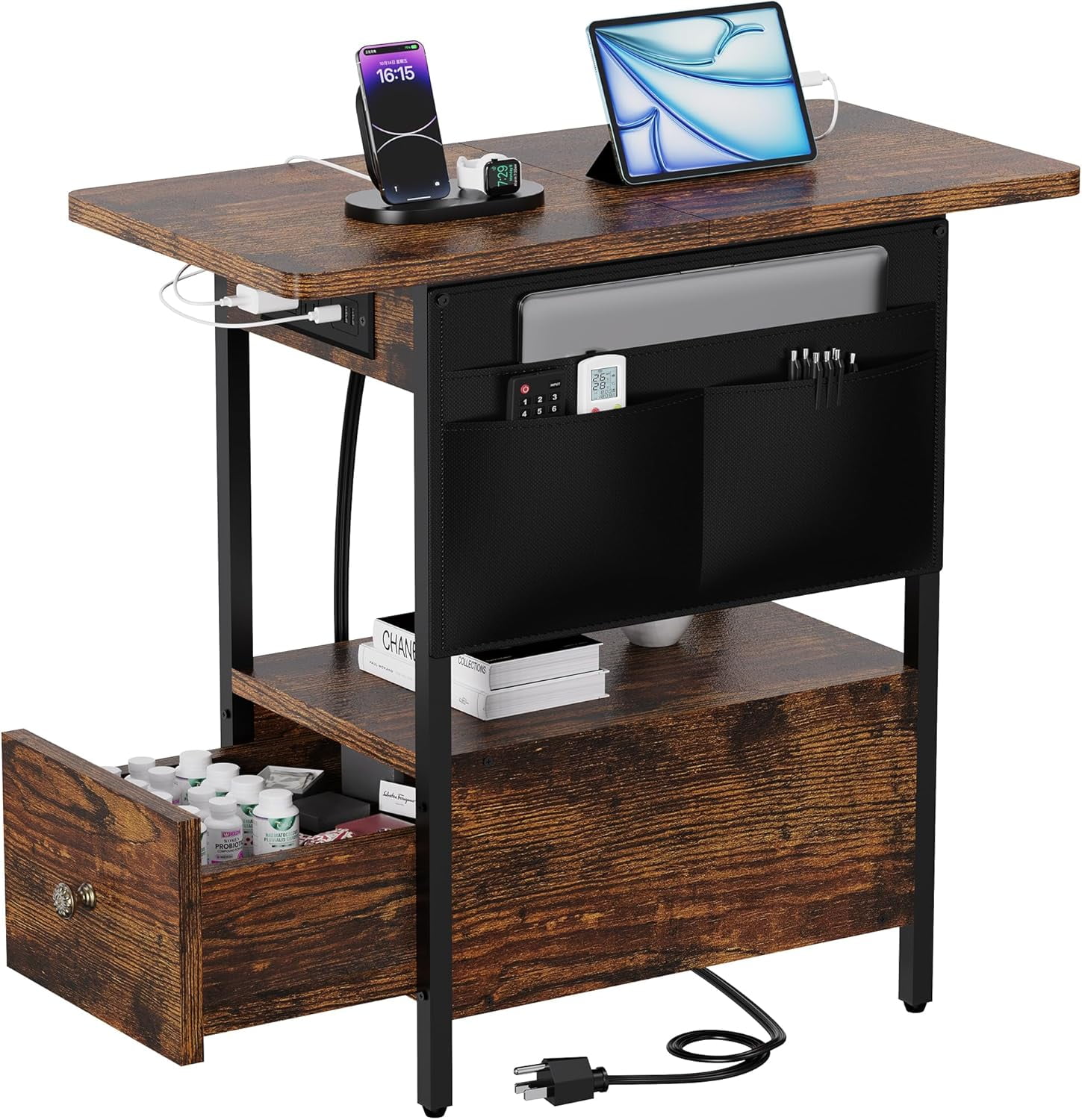 Small Side Table with Charging Station, Narrow Nightstand Bedside ...