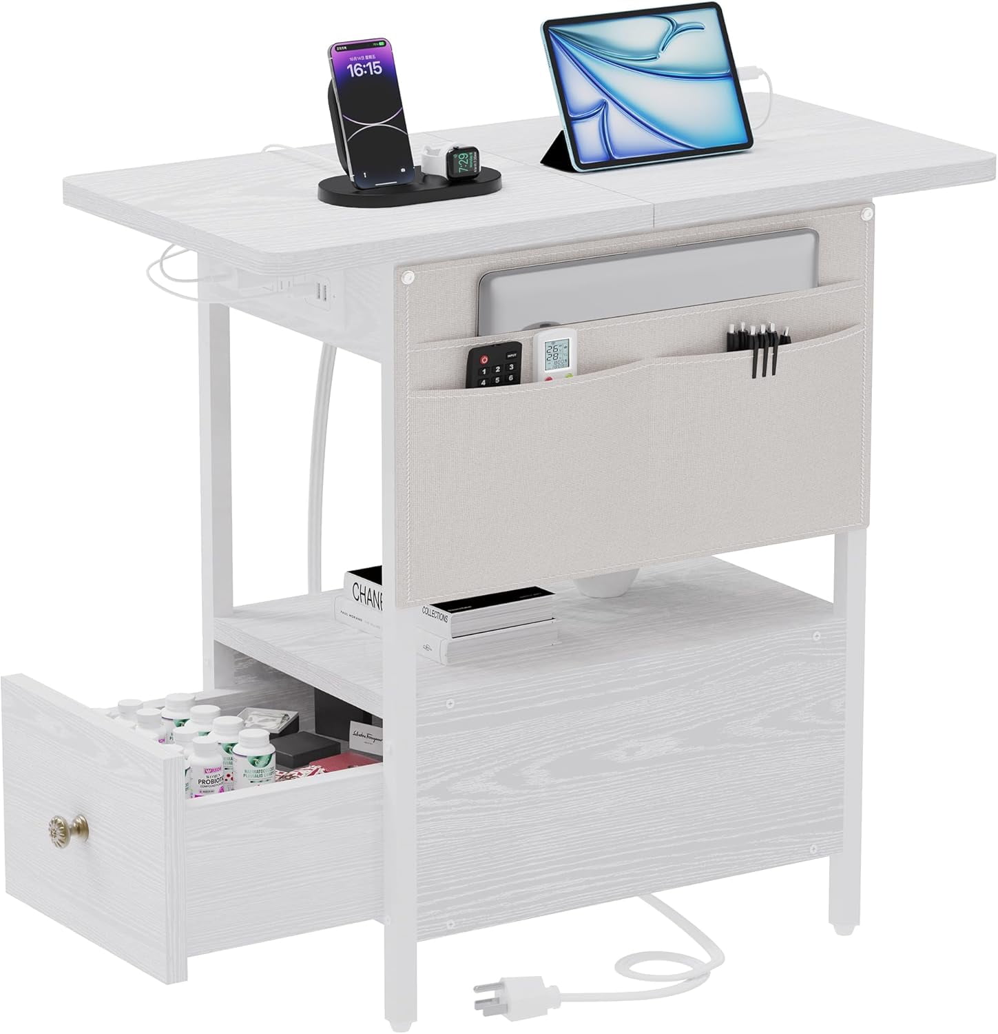 Small Side Table with Charging Station, Narrow Nightstand Bedside ...