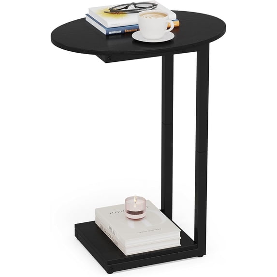 Side Table Small End Table, C-Shaped Wood Sofa Table with Metal Frame ...