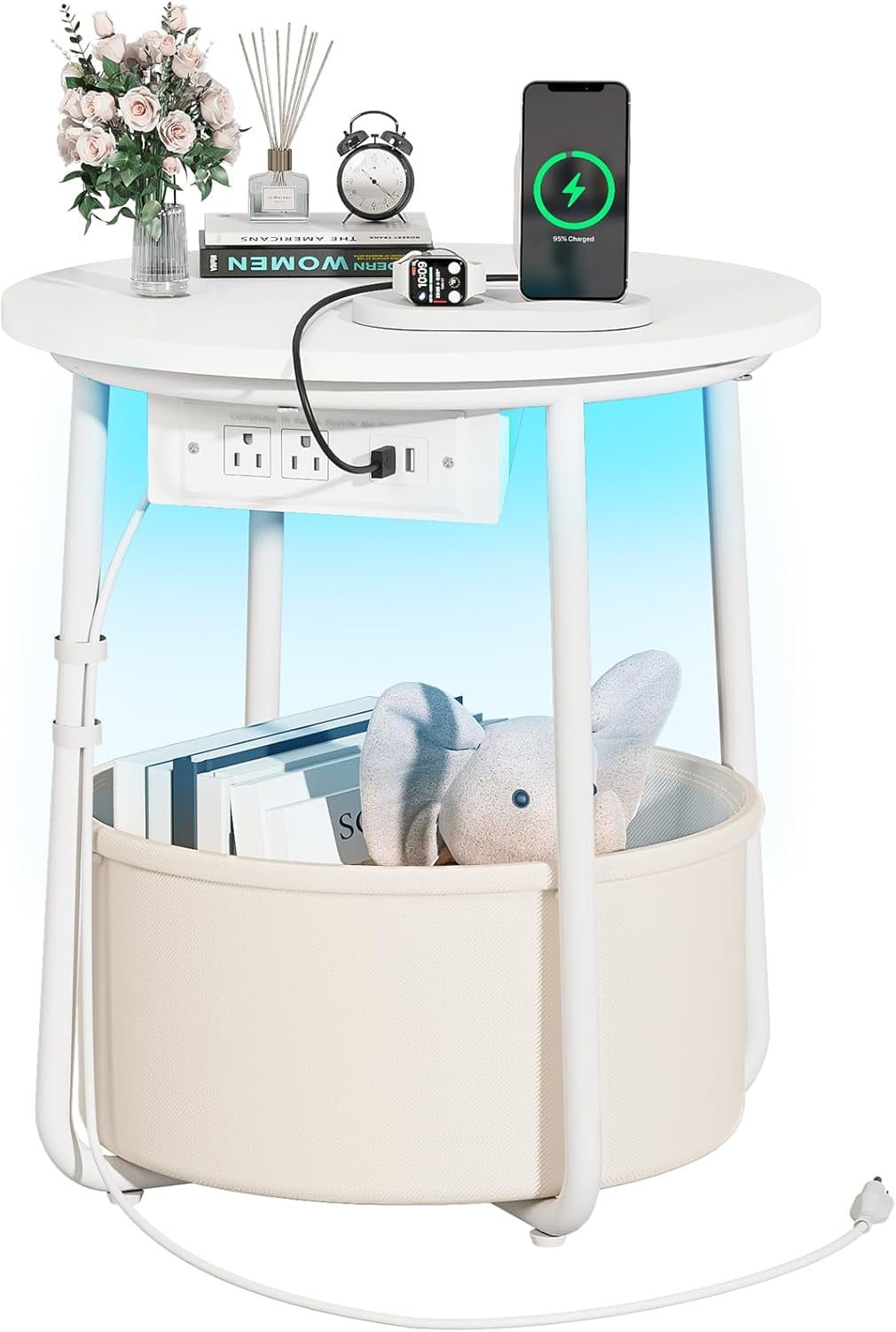 Small Side Table, LED Night Stand with Charger Station, Round End Table ...