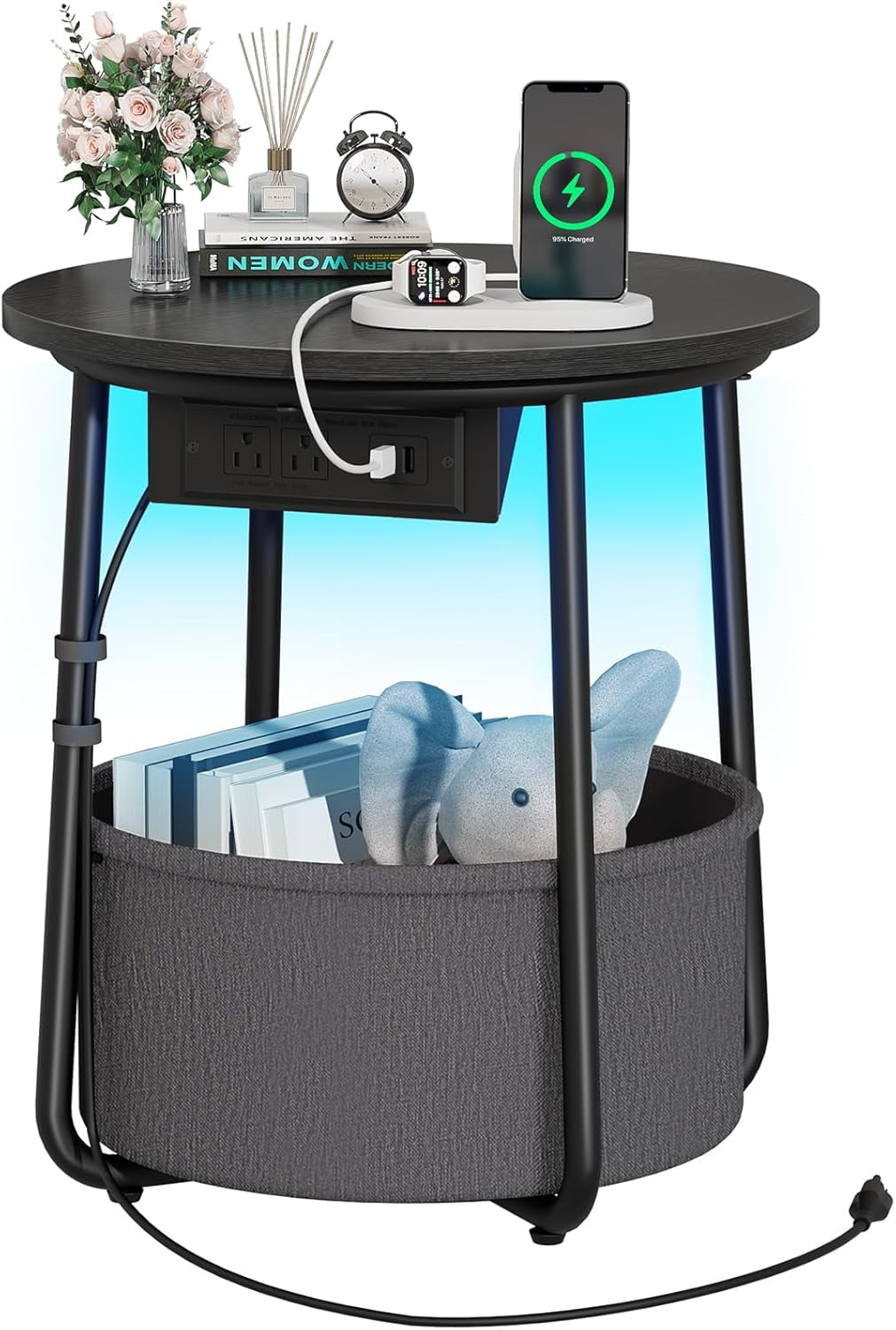 Small Side Table, LED Night Stand with Charger Station, Round End Table ...